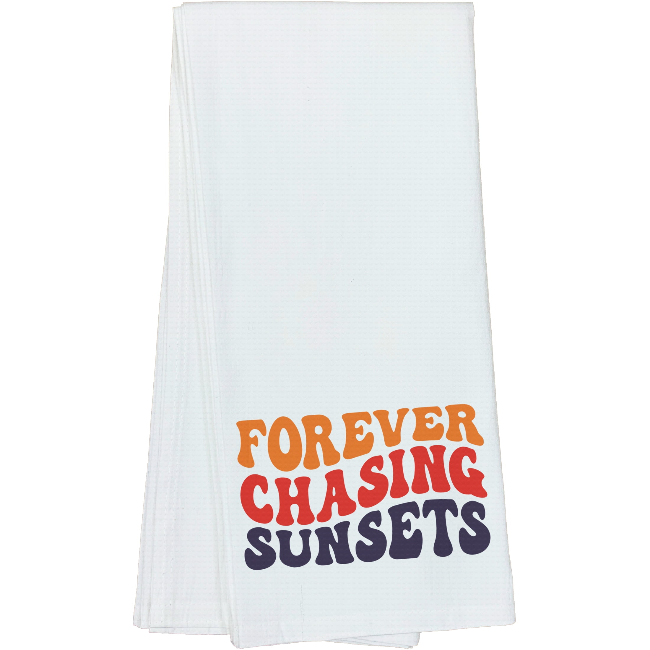 Forever Chasing Sunsets, Groovy Retro Wavy Text Merch Gift, Dish Towel ...