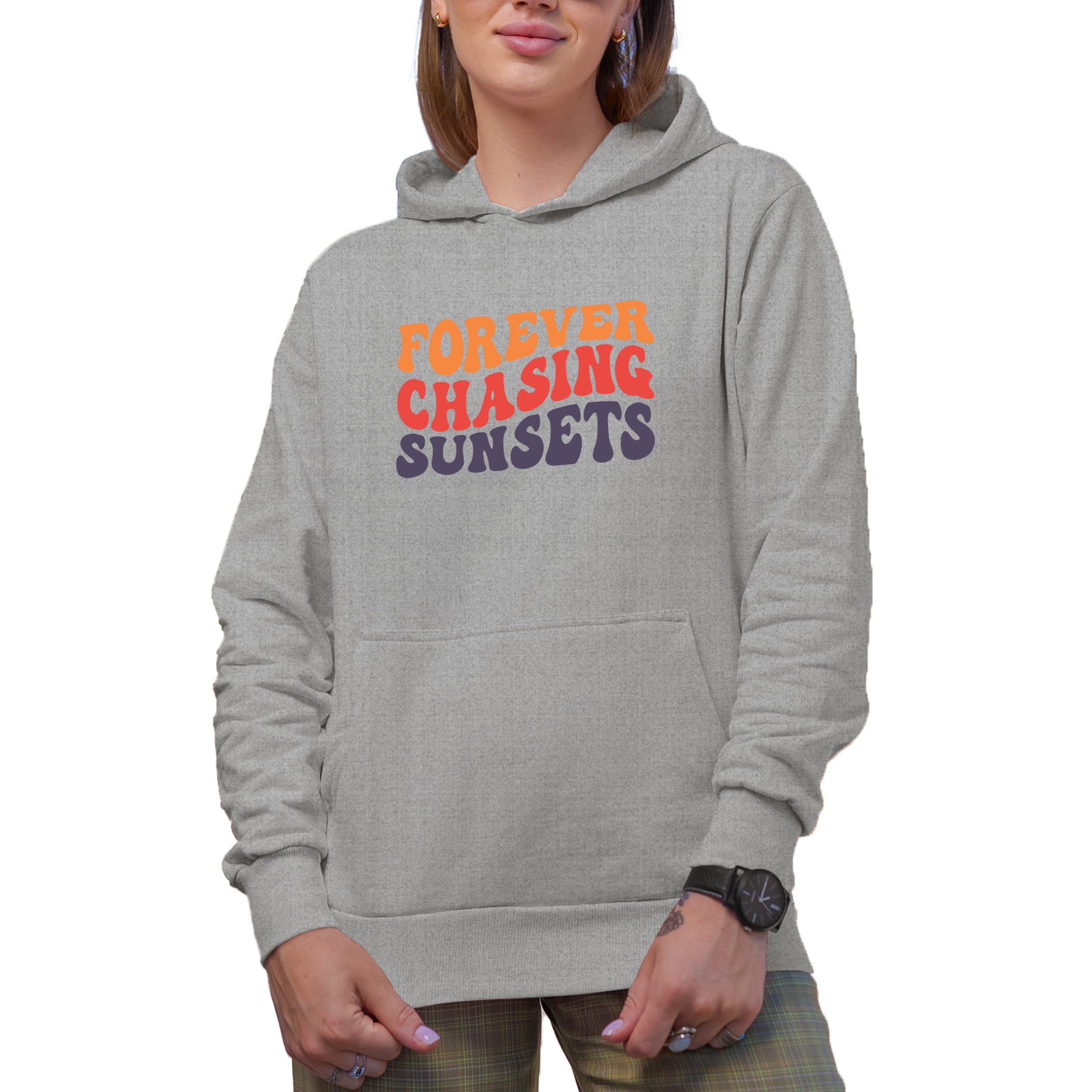 Forever Chasing Sunsets, Groovy Retro Wavy Text Merch Gift, Heather Grey Hooded Sweatshirt or ...