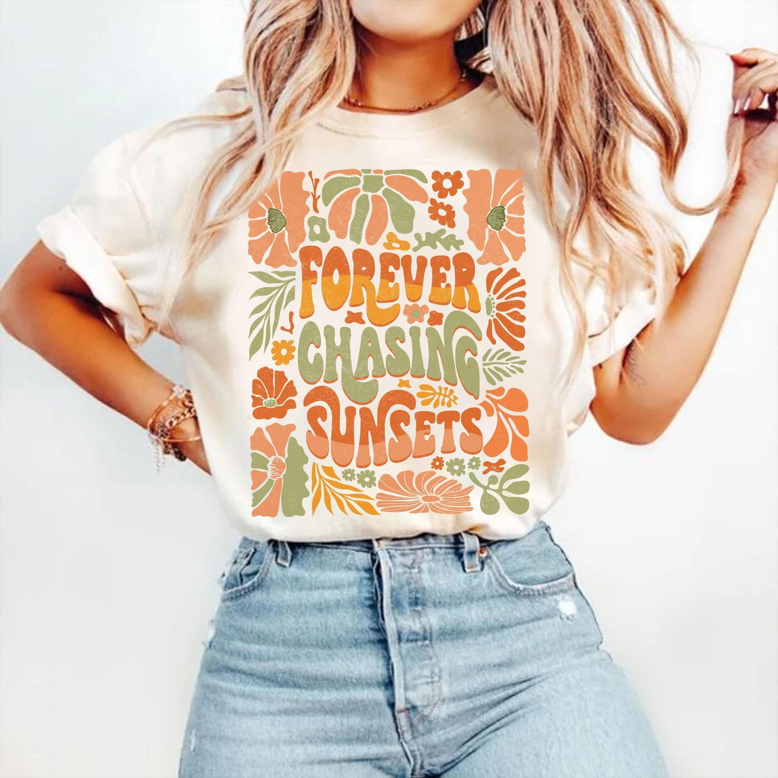 Forever Chasing Sunsets T-Shirt, Boho Beach Vibes Tee, Retro Floral Summer Shirt, Trendy ...