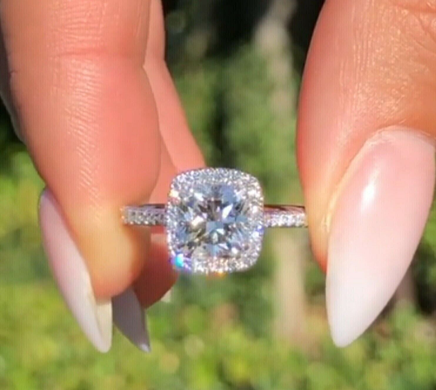 Forever Jewels 2.47Ct Cushion Cut Moissanite Women Halo Engagement Ring 14K White Gold Plated ...