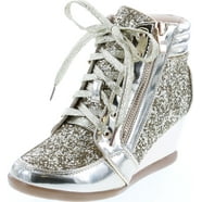 Peggy-44 Women's Glitter Metallic Lace Up Low Top Low Wedge Fashion ...
