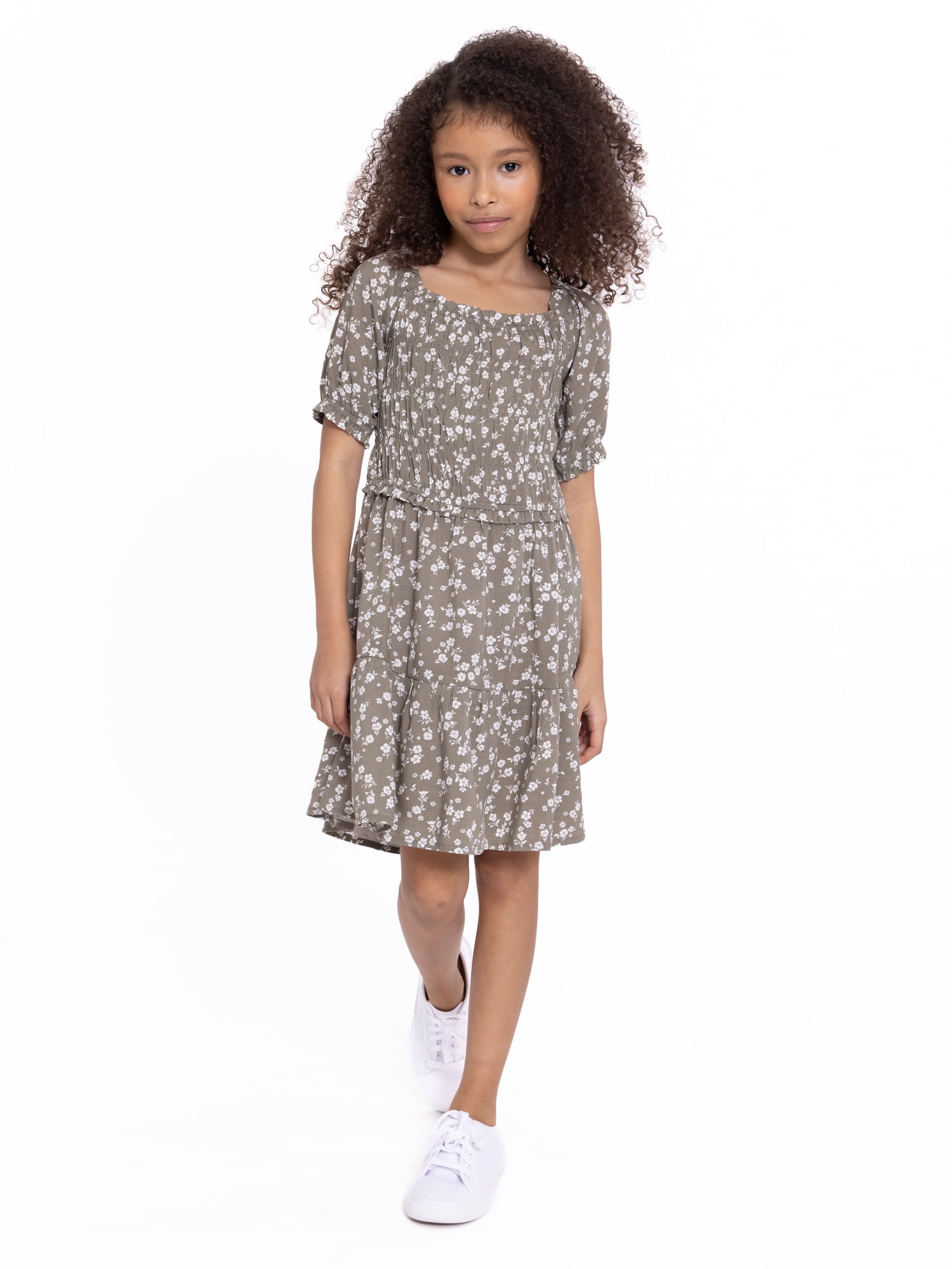 Forever Me Girls Puff Sleeve Floral Dress - Smocked Bodice - Walmart.com