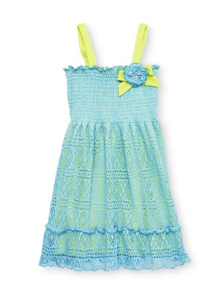 Forever Me Girls Turquoise Blue & Green Lacy Smocked Dress Sundress Sun ...
