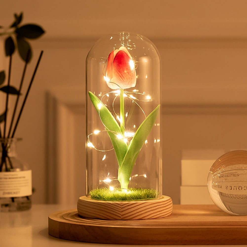 Forever Tulip Flower in Glass Dome with Colorful LED Light Artificial ...
