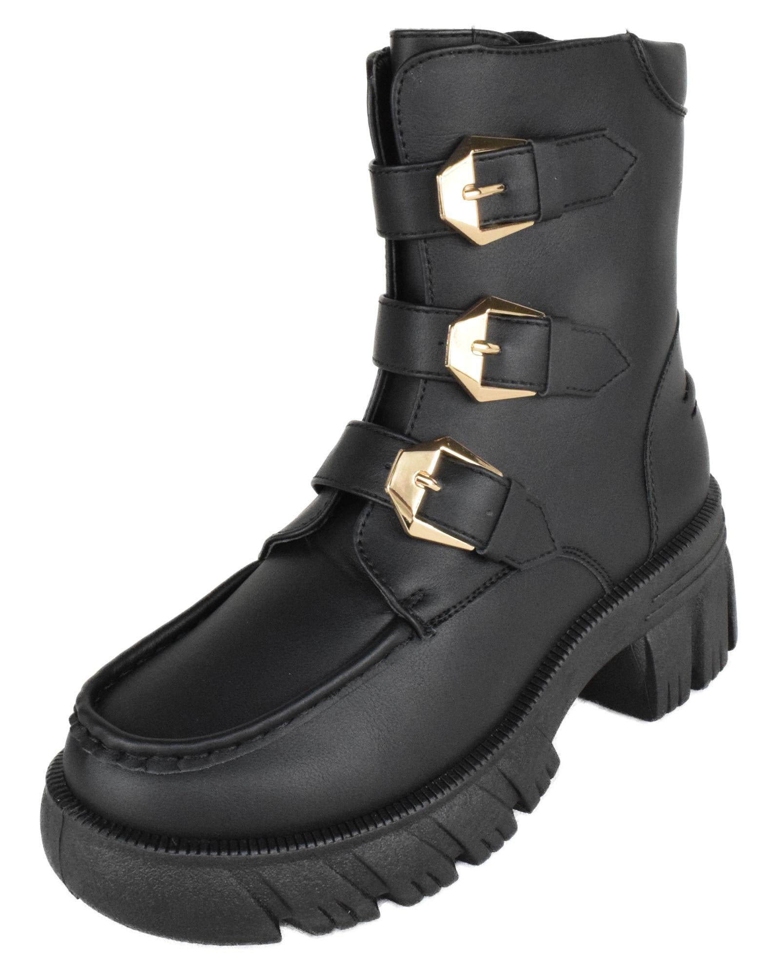 Forever Women Buckled Motorcycle Riding Style Boots Side Zipper Lug ...
