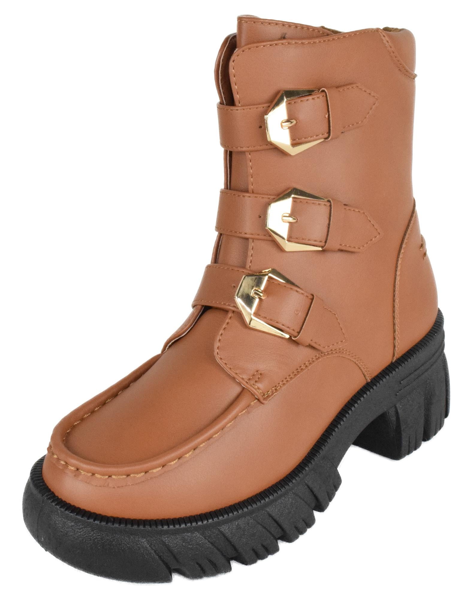 Forever Women Buckled Motorcycle Riding Style Boots Side Zipper Lug ...