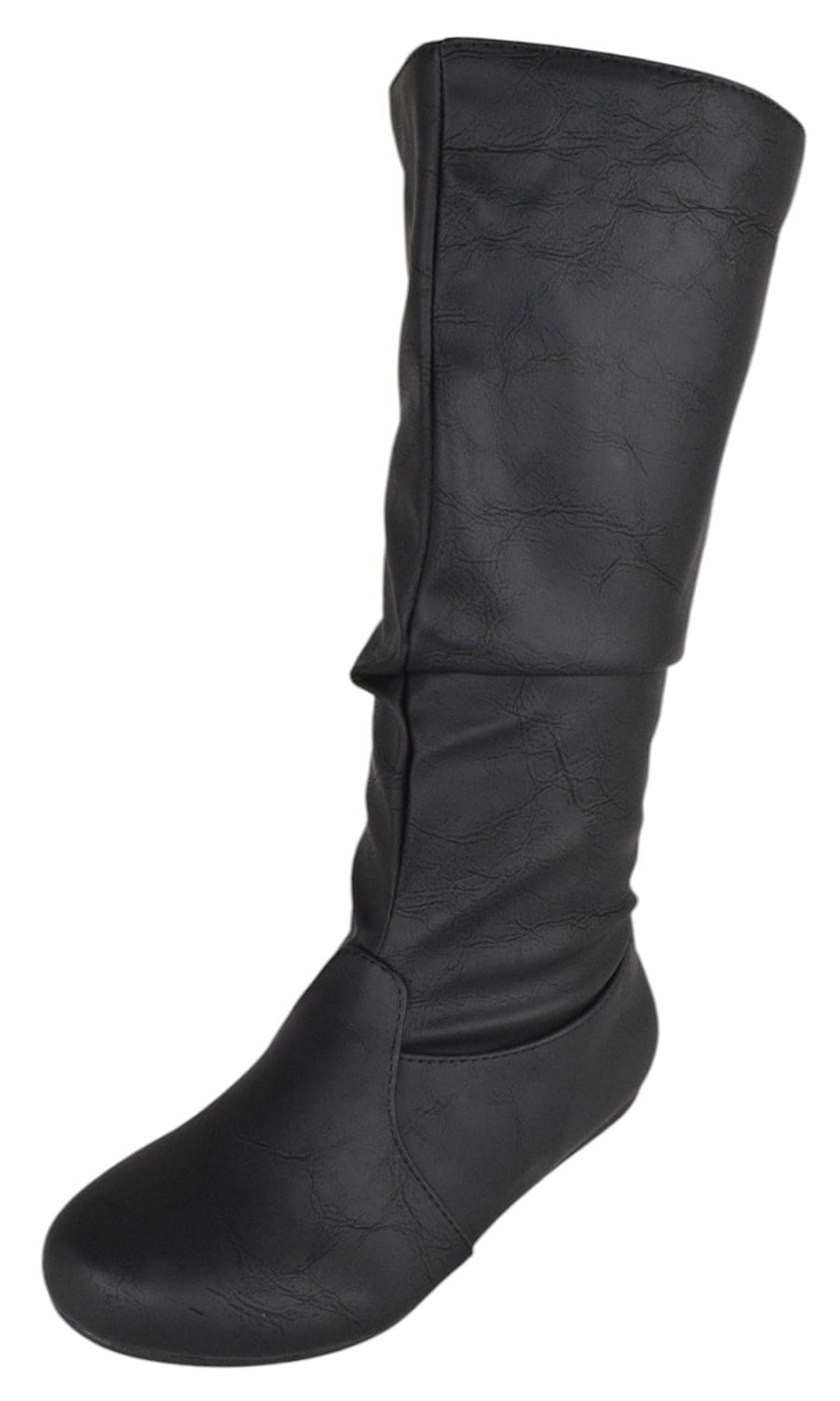 Forever Women Flat Heel Slouchy Mid-Calf Basic Light Weight Boots Side Zipper SELENA-24 Black PU ...