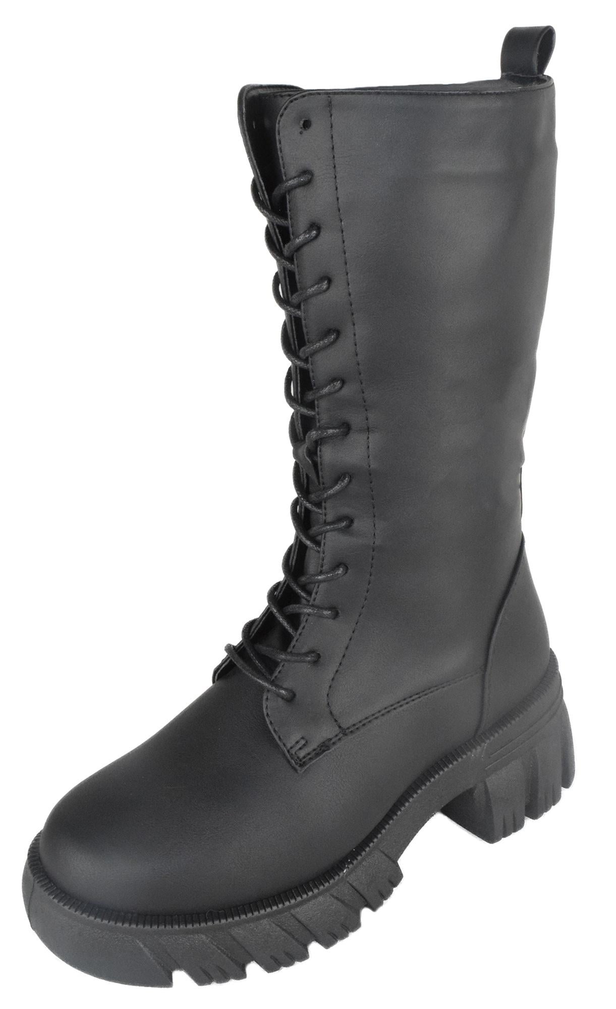 Forever Women Mid-Calf Combat Army Style Boots Lace Up Side Zipper Lug ...