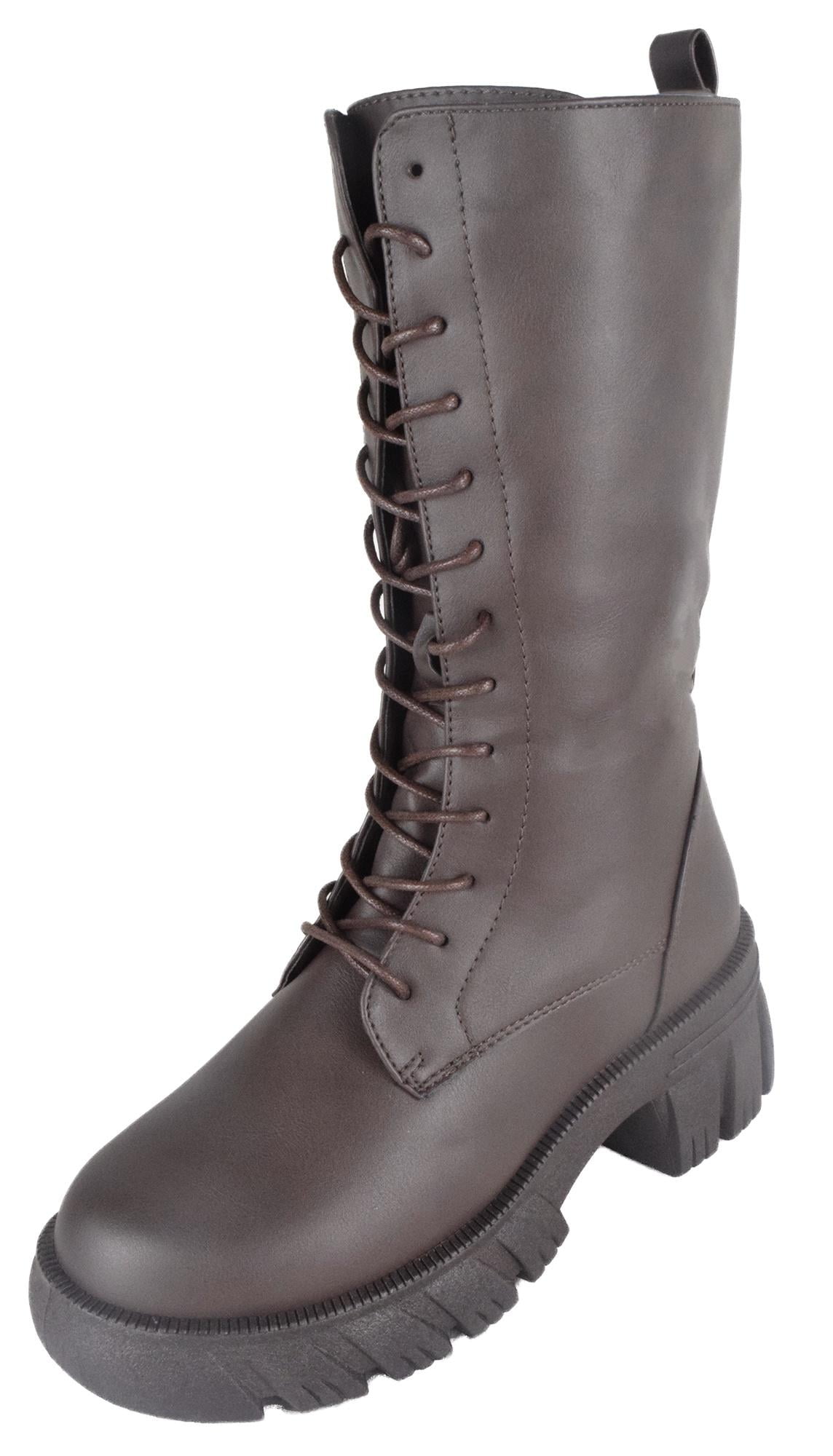 Forever Women Mid-Calf Combat Army Style Boots Lace Up Side Zipper Lug ...