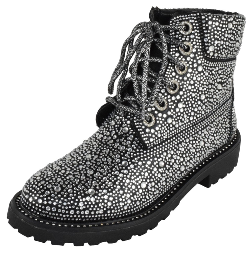 Forever Women Rhinestone Studded Bling Ankle Combat Boots Round Toe ...