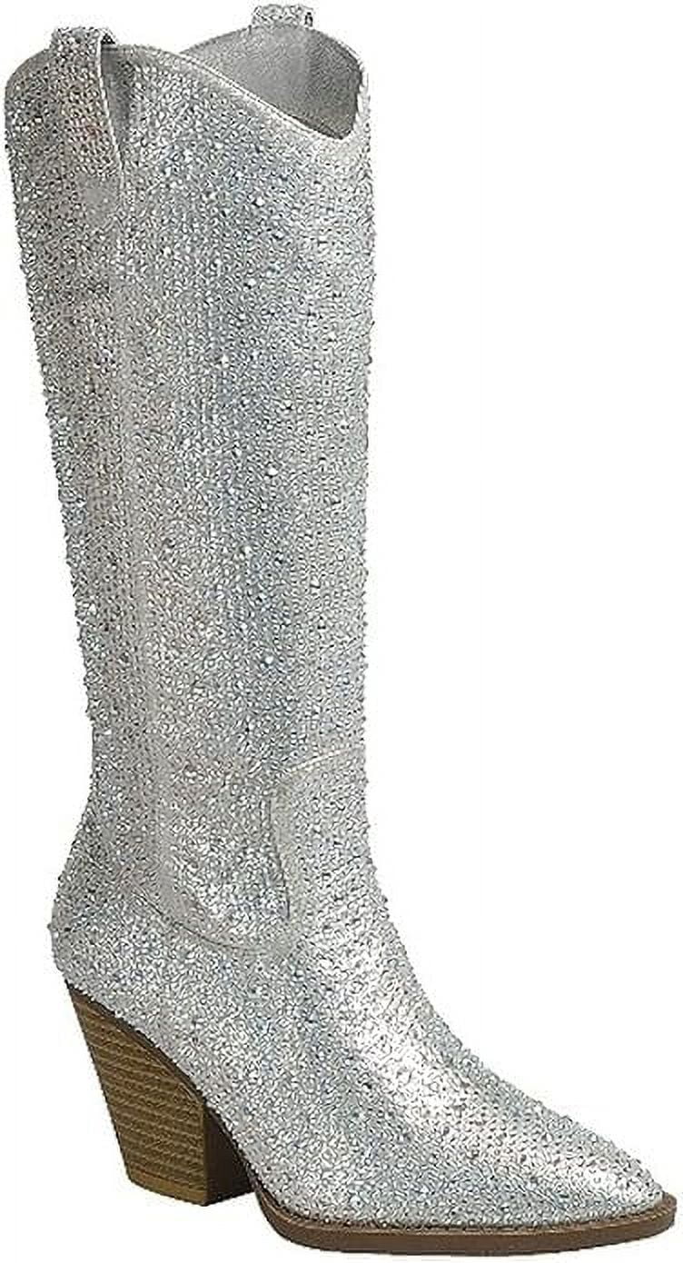 Forever Women Rhinestone Western Cowboy Pointed Toe Knee High Pull-on ...