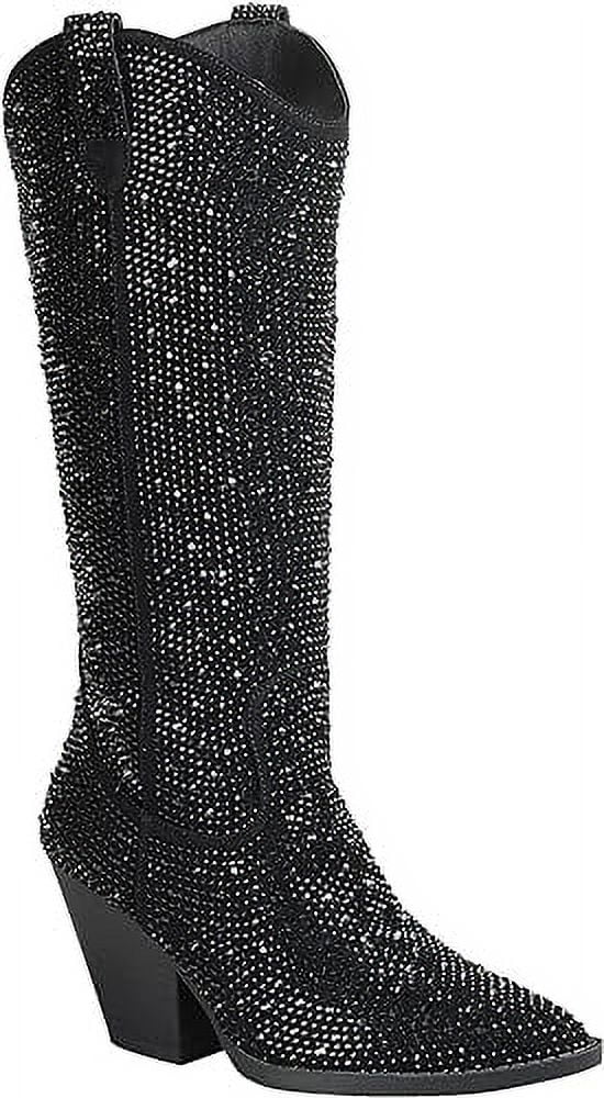 Forever Women Rhinestone Western Cowboy Pointed Toe Knee High Pull-on ...