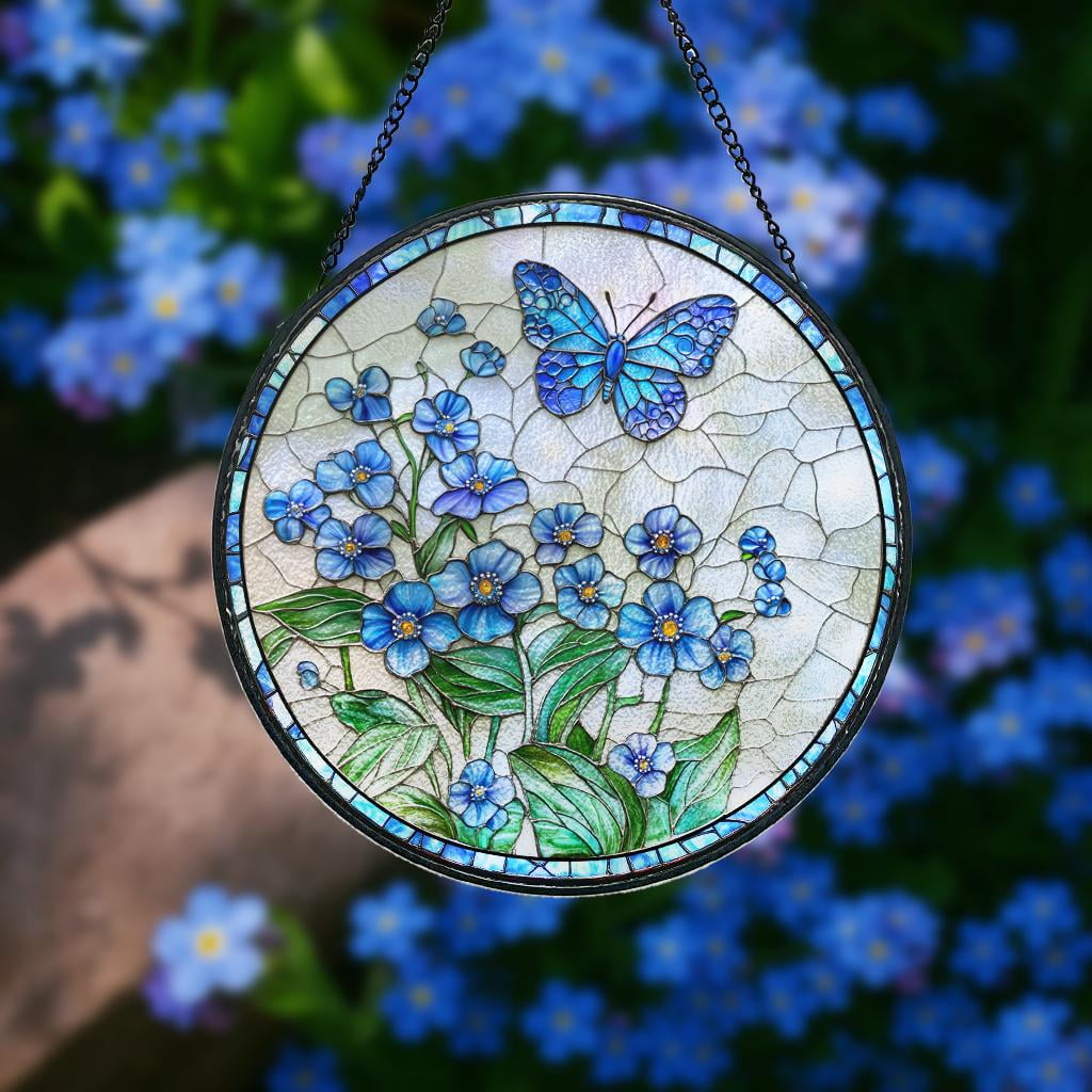 Forget Me Not Butterfly Stained Glass Suncatcher, Floral Window Hanging ...