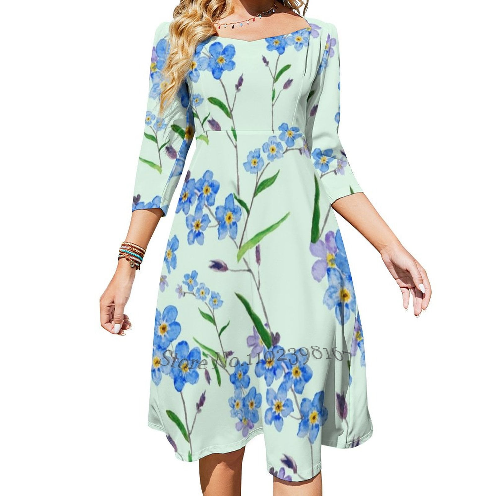 Forget Me Not Pattern In Green Background Sweetheart Knot Flared Dress ...