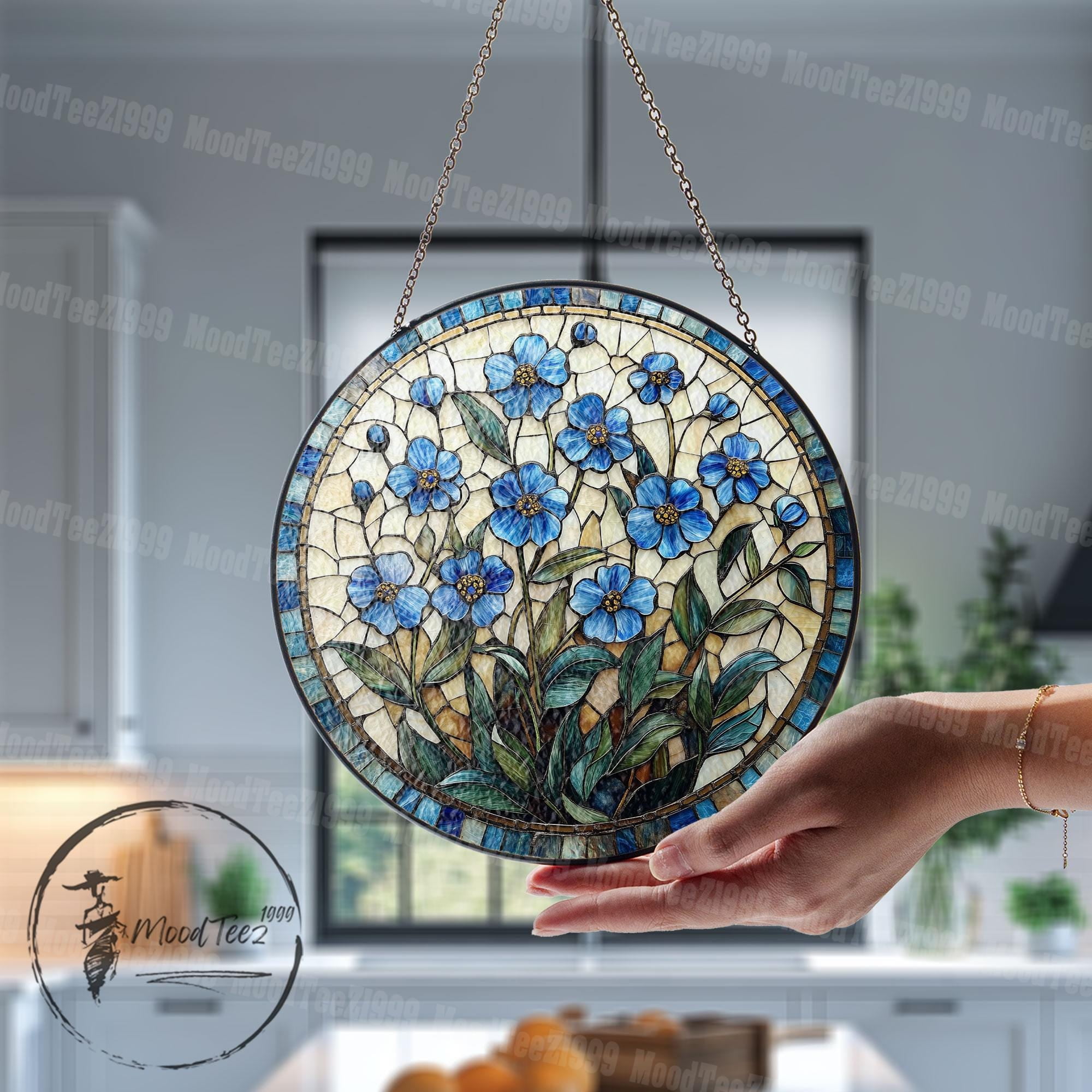 Forget Me Not Stained Glass Suncatcher: Blue Floral Window Hanging ...