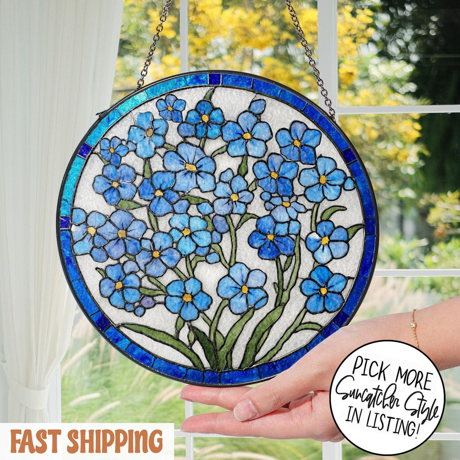 Forget Me Not Suncatcher, Blue Flowers Stained Glass Decor, Light ...