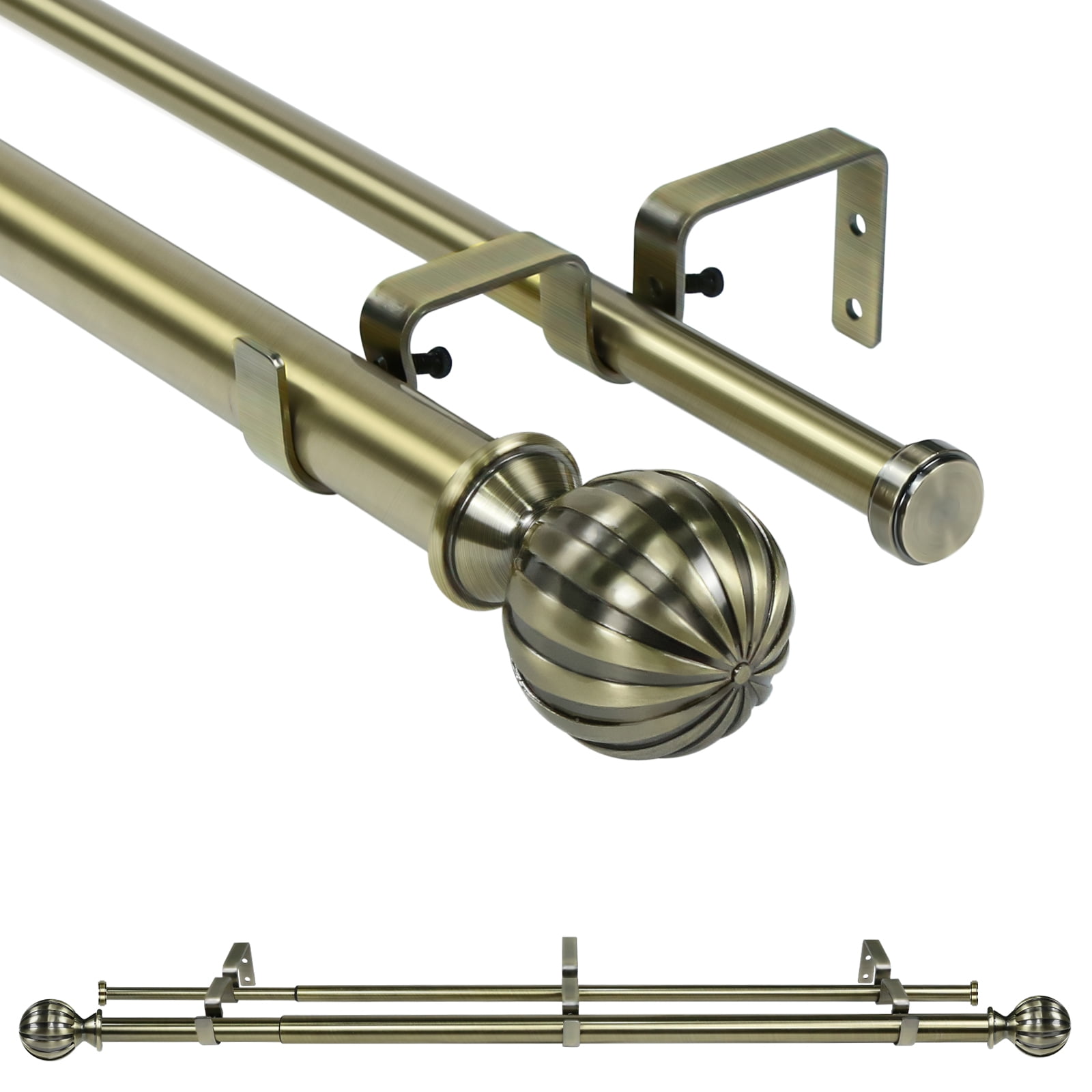 Forgrow 1" Adjustable Fluted Ball Double Drapery Curtain Window Rod Set ...