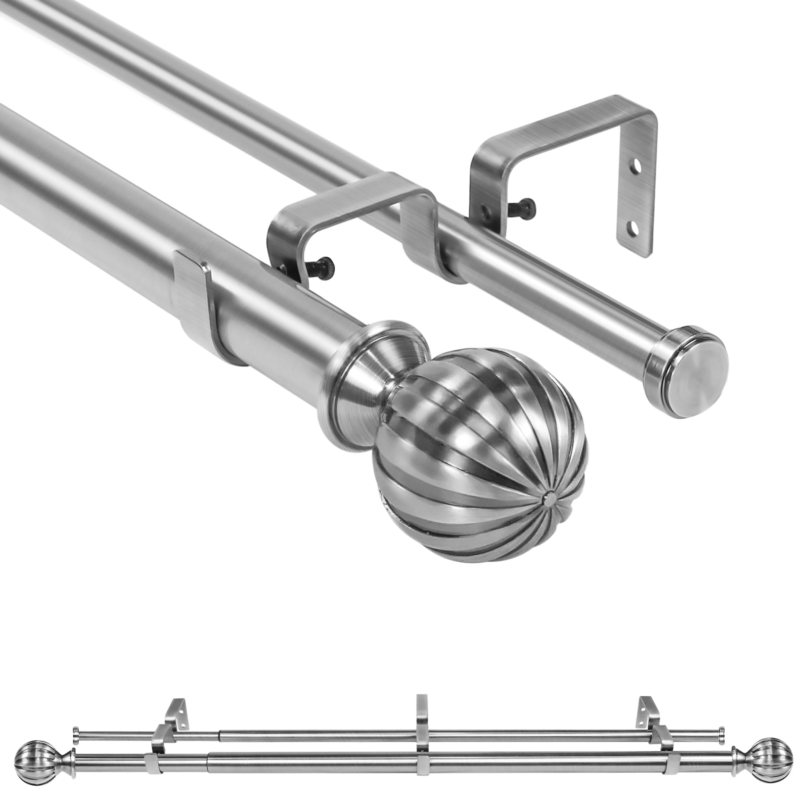 Forgrow 1" Adjustable Fluted Ball Double Drapery Curtain Window Rod Set ...