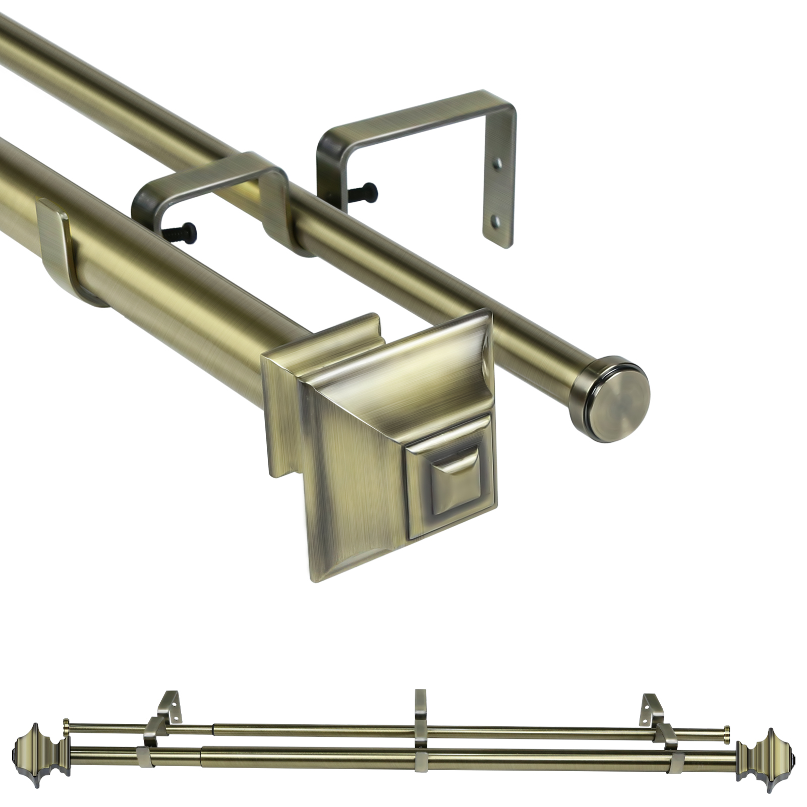 Forgrow 1" Adjustable Square Urn Finials Double Drapery Curtain Rod Set ...