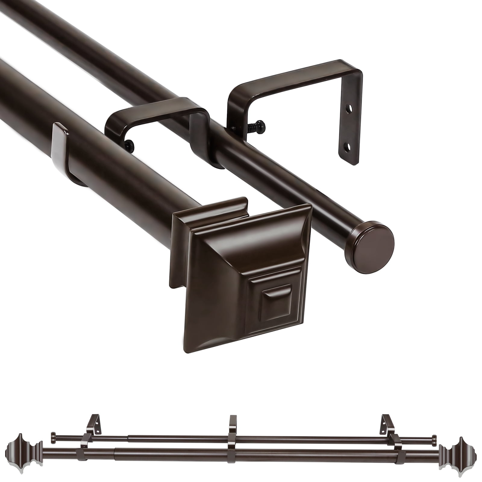 Forgrow 1" Adjustable Square Urn Finials Double Drapery Curtain Rod Set ...