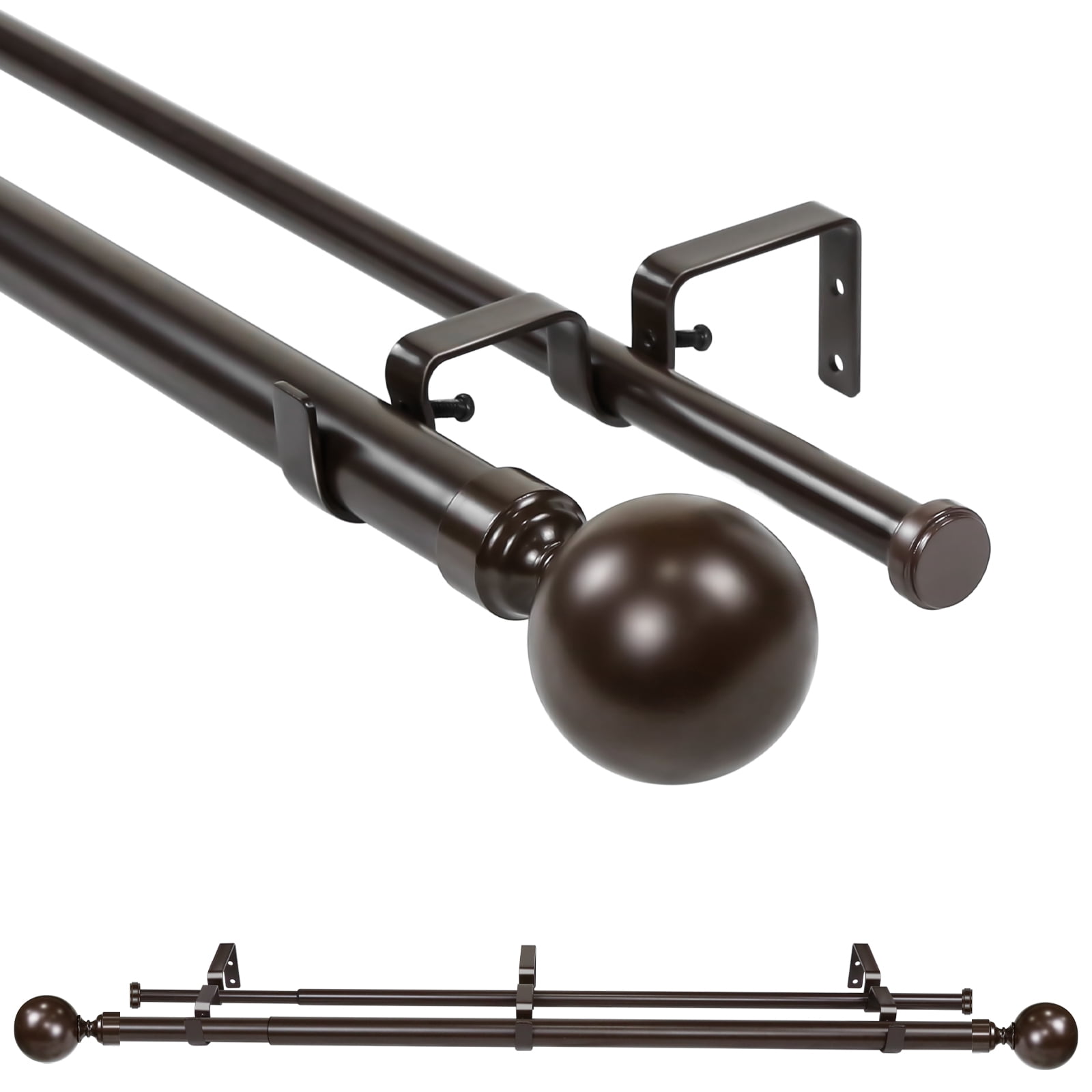Forgrow 1" Ball Finials Adjustable Double Drapery Curtain Rod Set, 1 ...