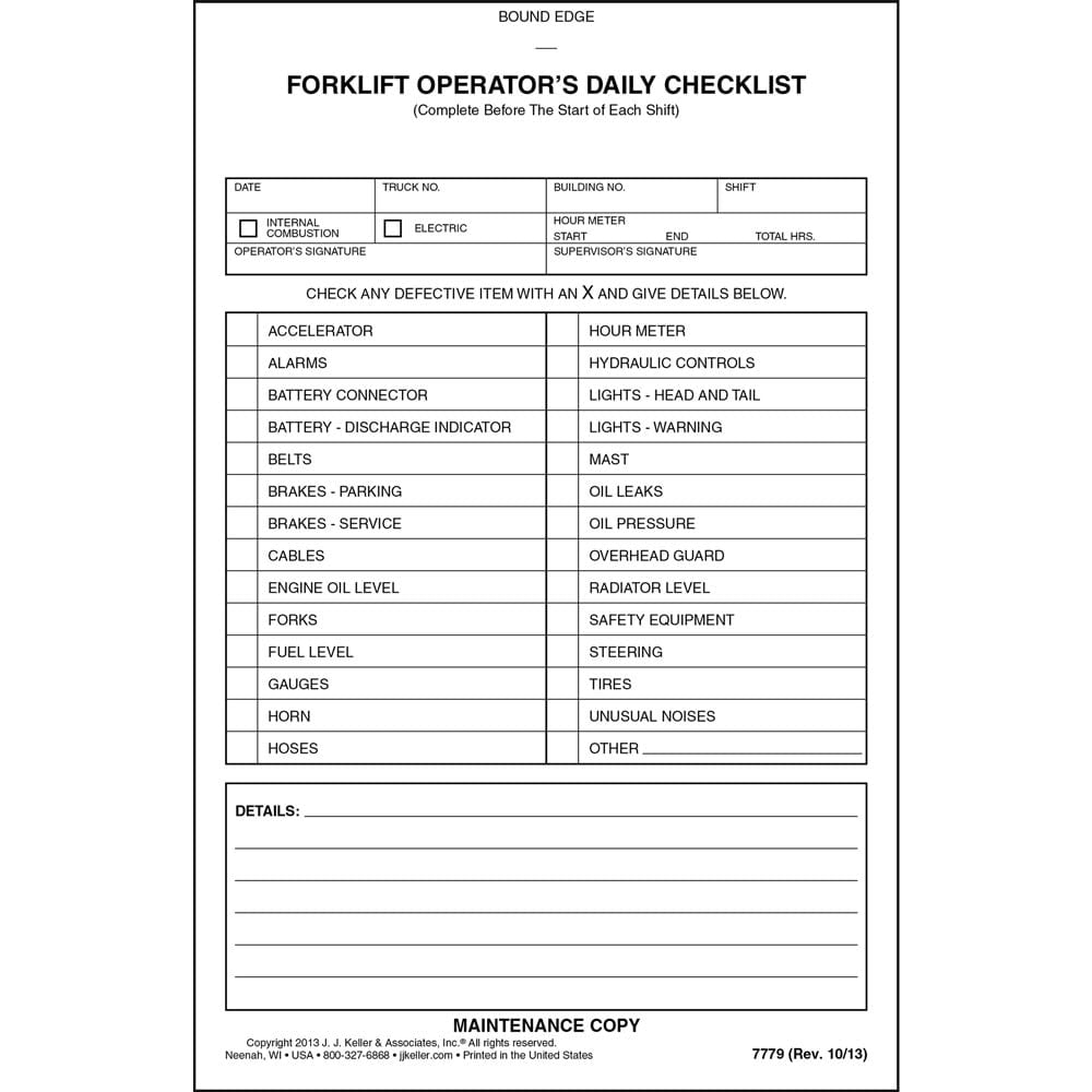 Forklift Operator Daily Checklist 10-pk. - Book Format, 2-Ply ...