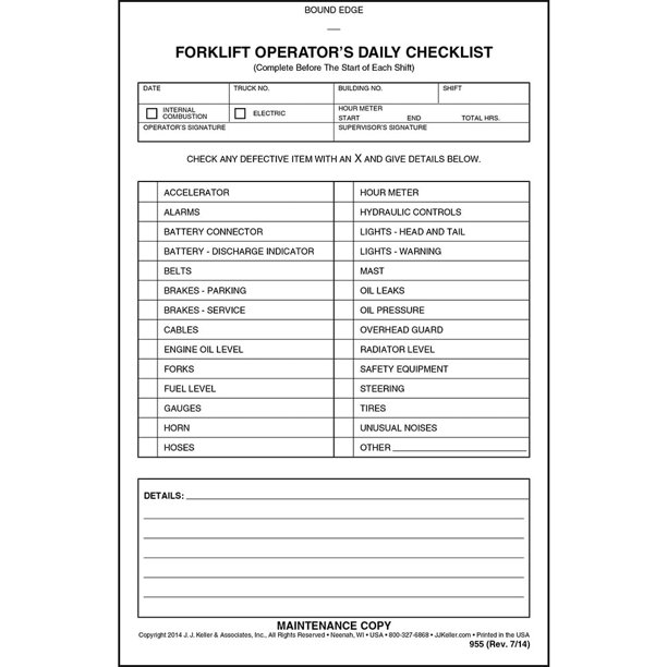 Forklift Operator Daily Checklist 25 Per Pack - Book Format, 2-Ply with ...