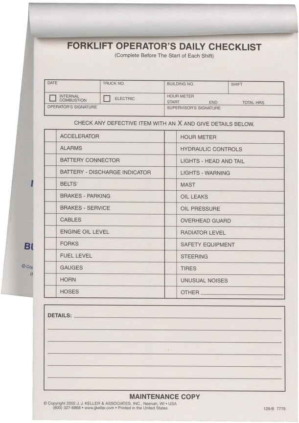 Forklift Operator Daily Checklist 5-pk. - Book Format, 2-Ply ...