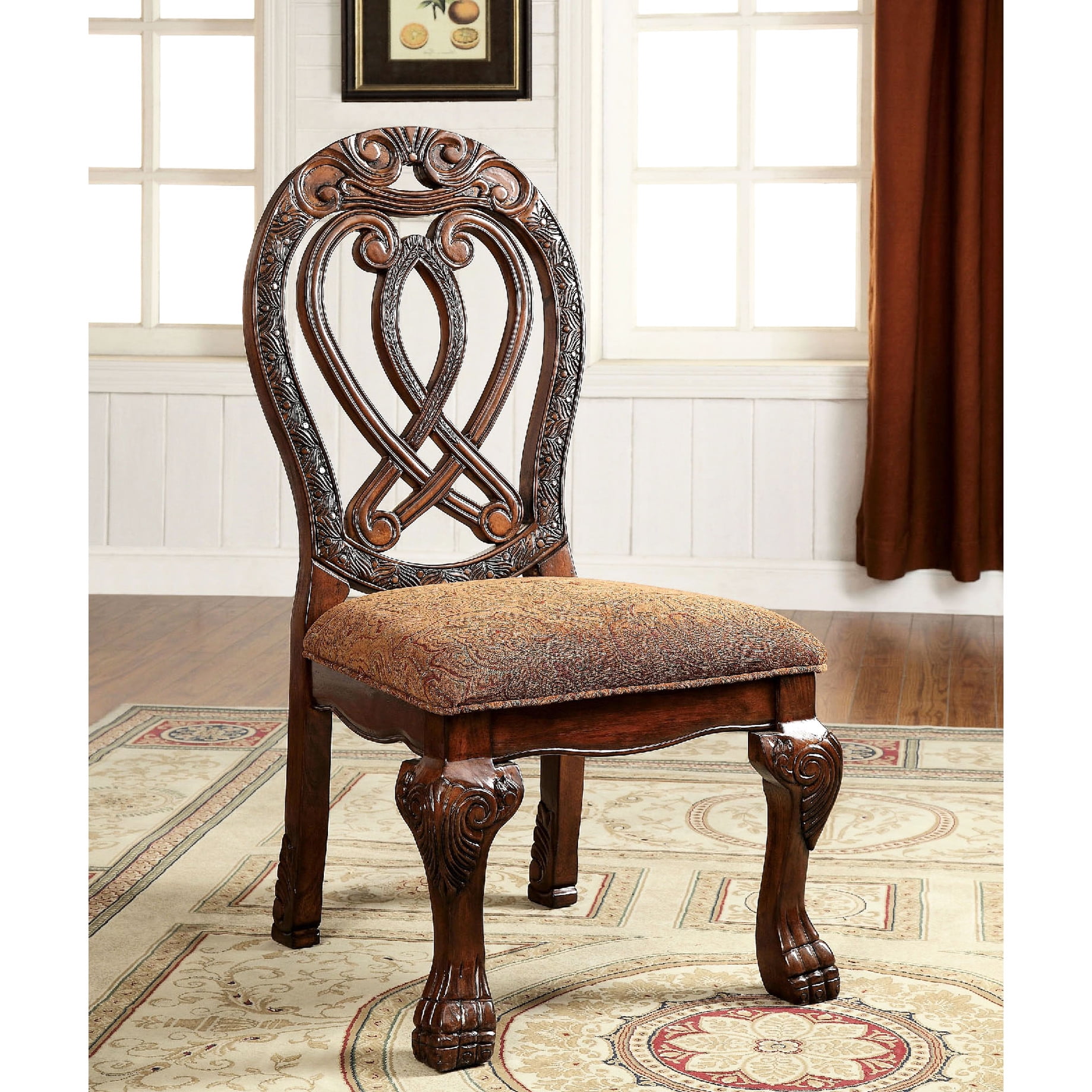 Formal Cherry Solid Wood Chairs, Intricate Carvings And Fabric Seat, 2 ...
