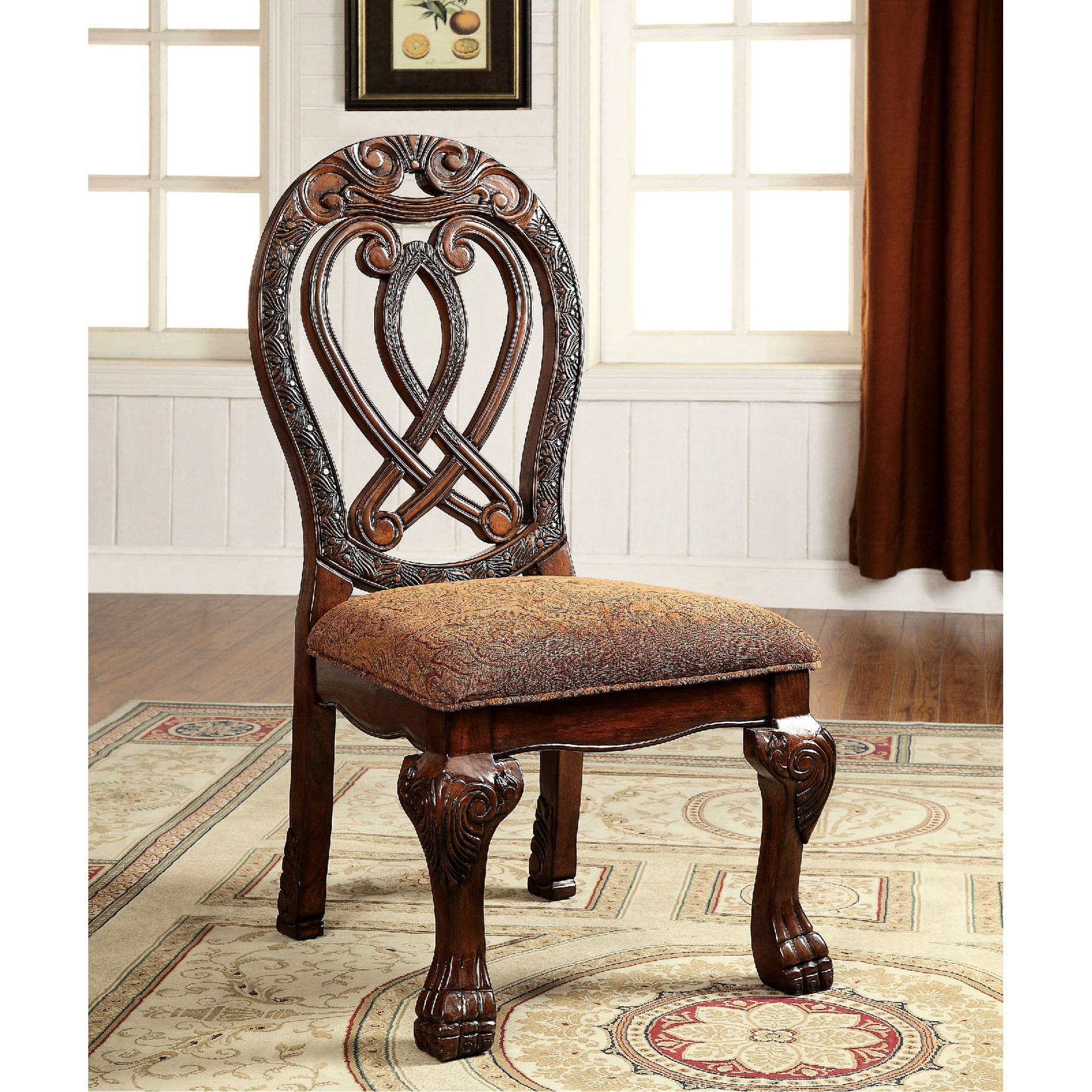 Formal Cherry Solid Wood Chairs, Intricate Carvings And Fabric Seat, 2 ...