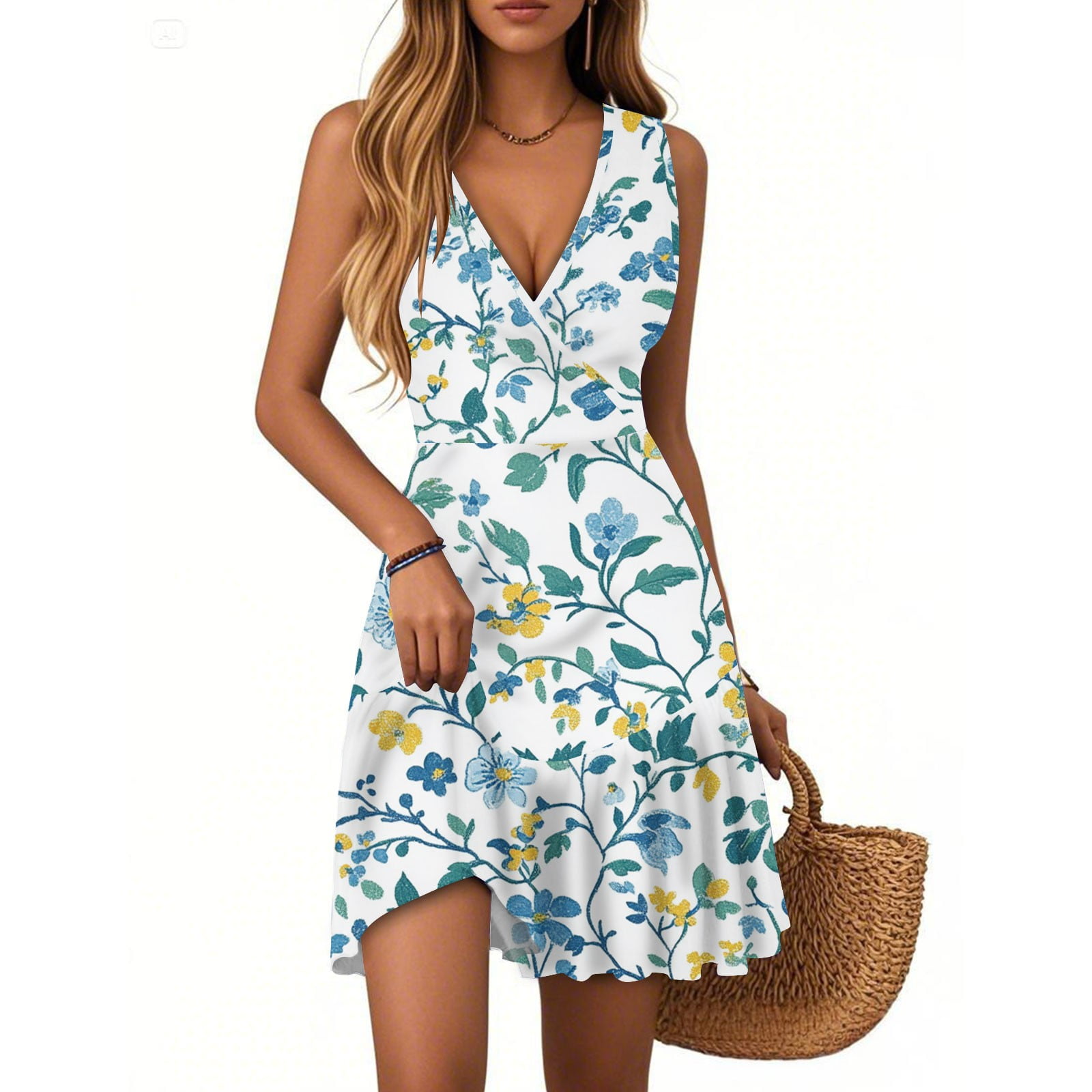 Formal Dresses Women, Floral V Neck Sleeveless Pleated Hem Slim Tunic ...