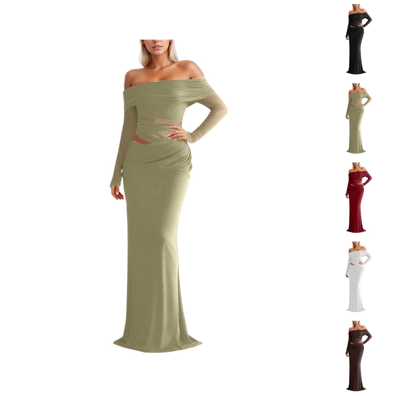 Formal Dresses for Women Long Sleeve Off Shoulder Cutout Mesh Ruched ...