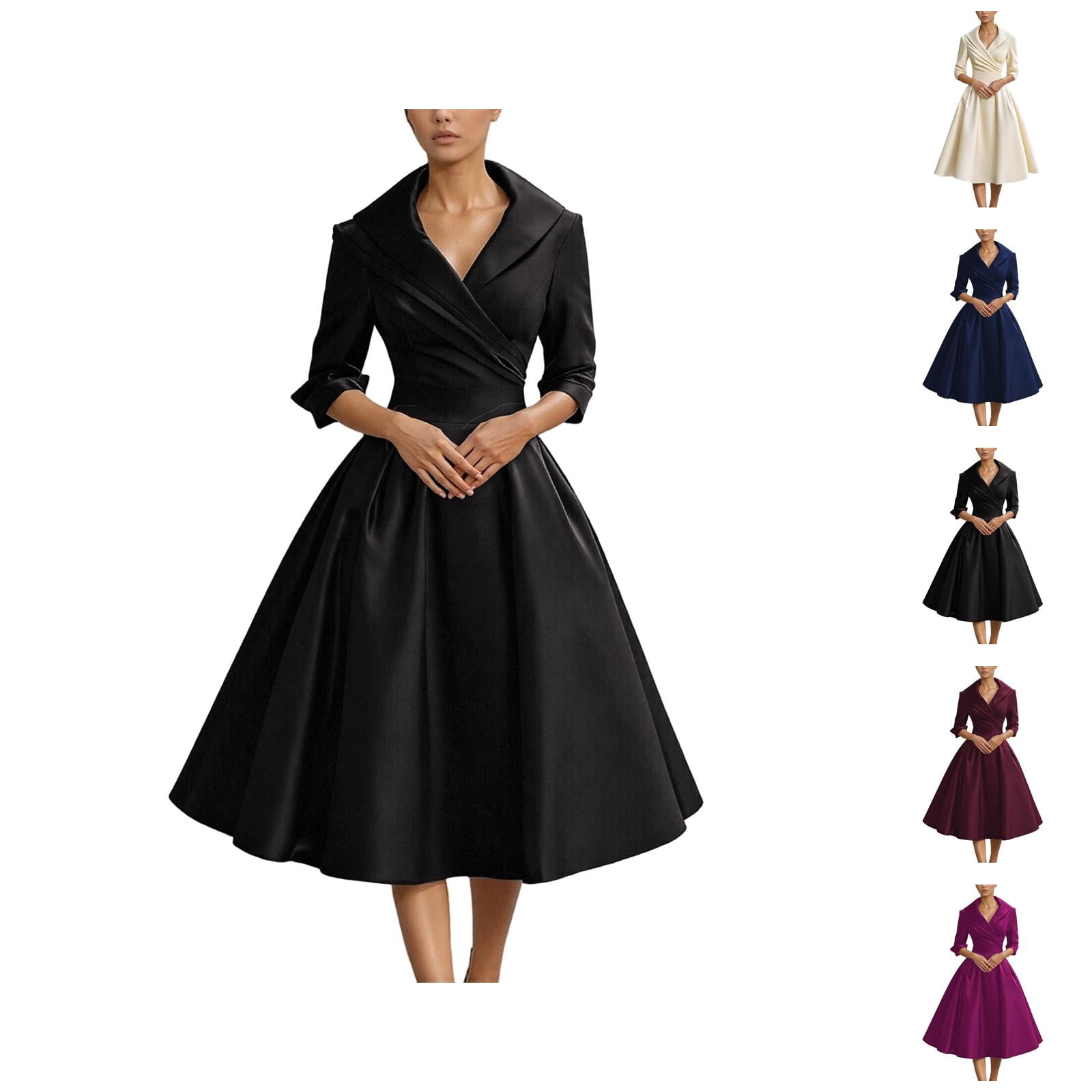 Formal Dresses for Women Satin Long Sleeve V Neck Lapel Collar Slim Fit ...