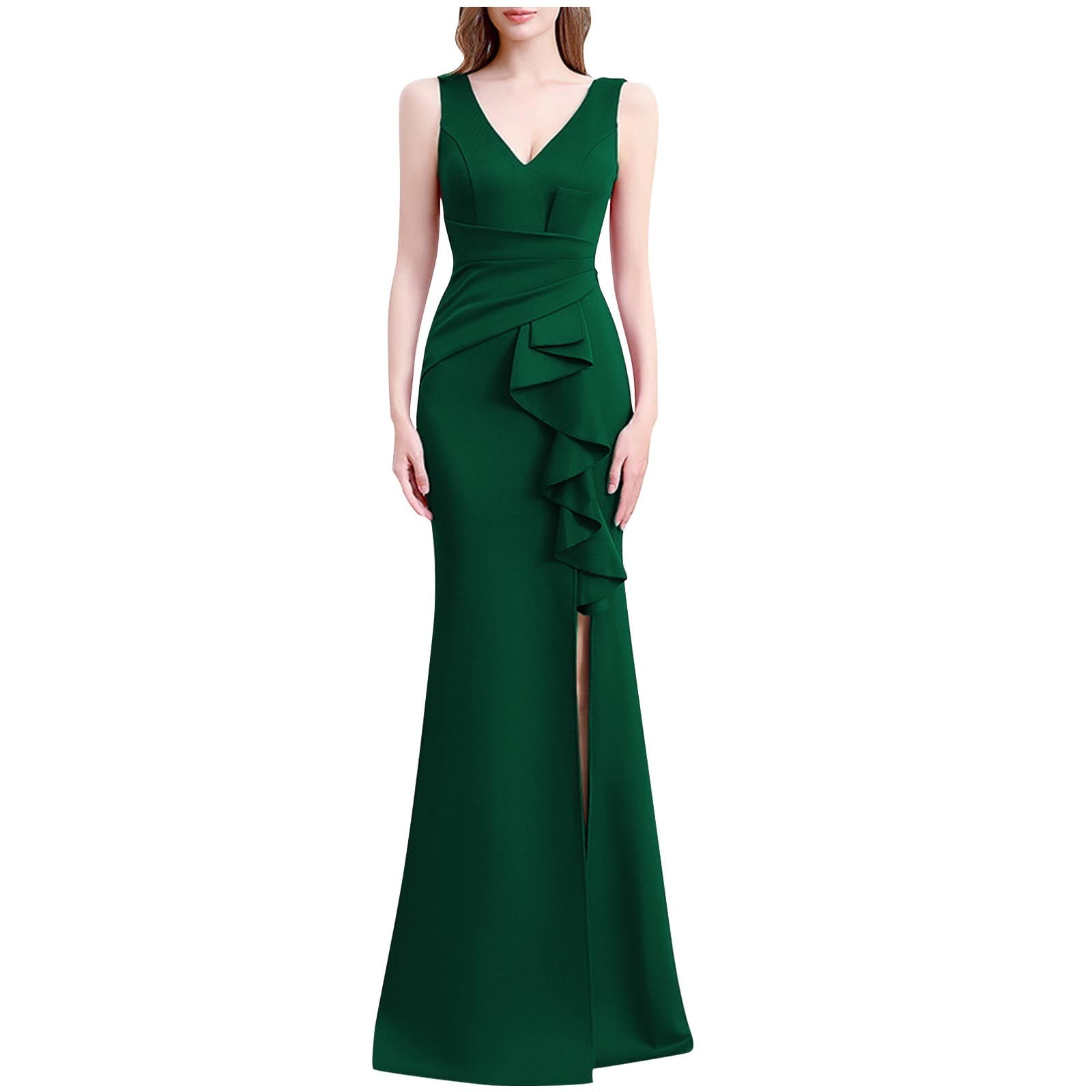 Formal Evening Dresses for Women V Neck Ruched Wrap Waisted Ruffle ...