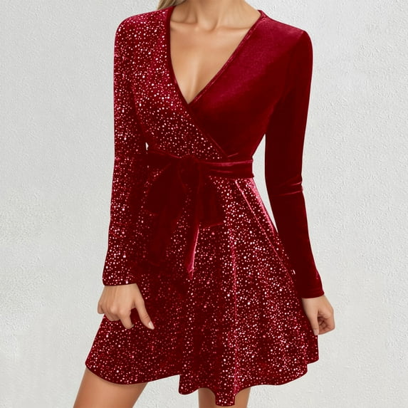Formal Sequin Velvet Mini Dress for Women A Line Sparkly V Neck Glitter ...