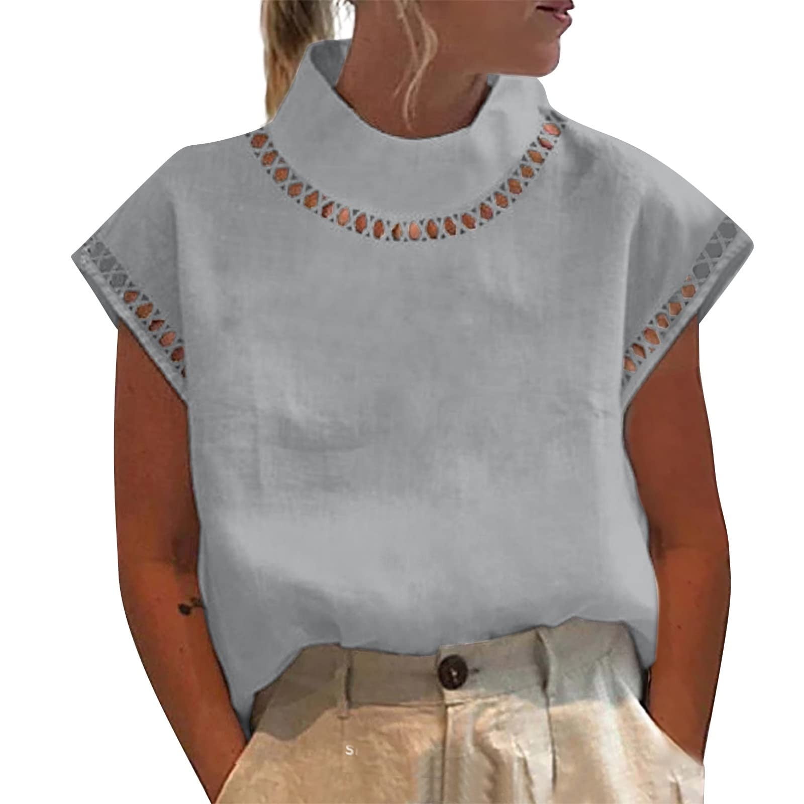 Formal Tops for Women Cotton Linen Hollow out Turtleneck Zipper Back ...