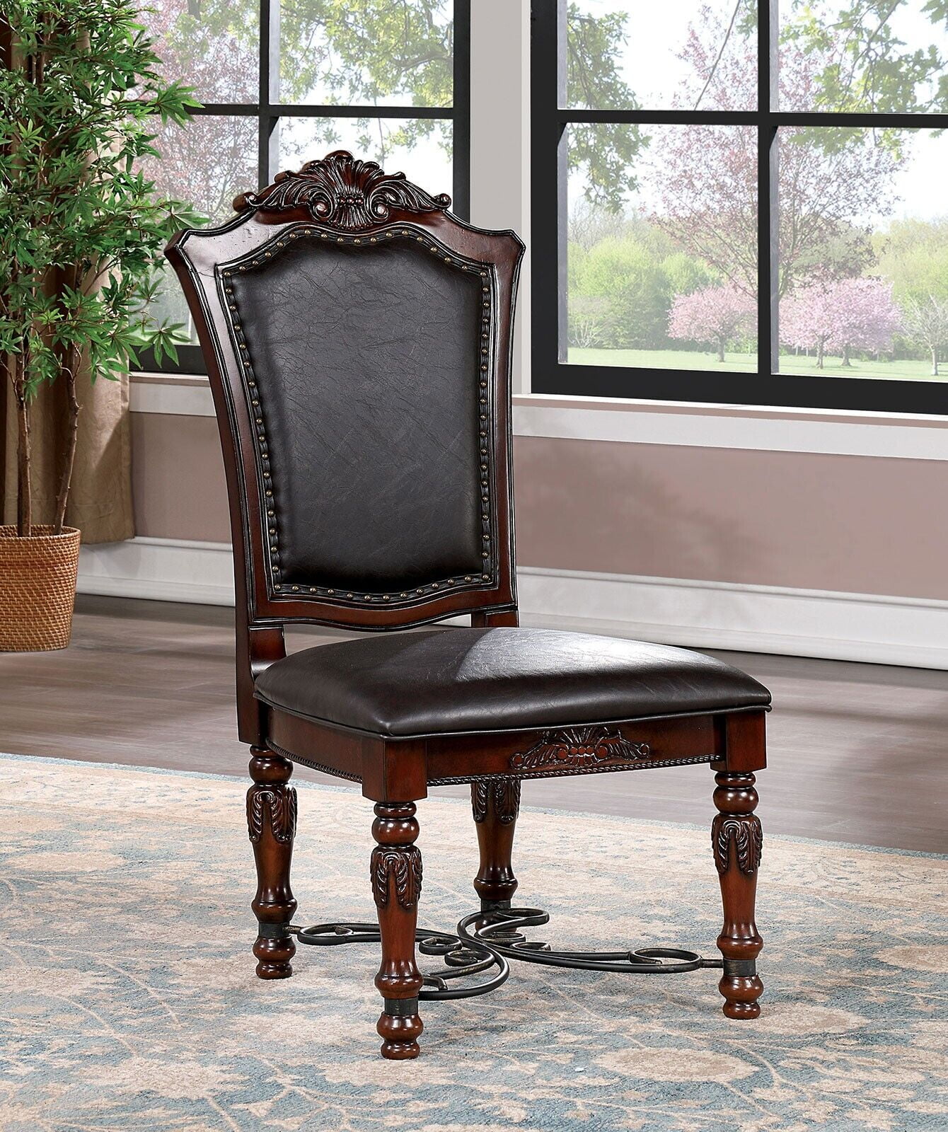 Formal Traditional Brown Cherry Solid wood 4pcs Dining Chairs Faux Wood ...