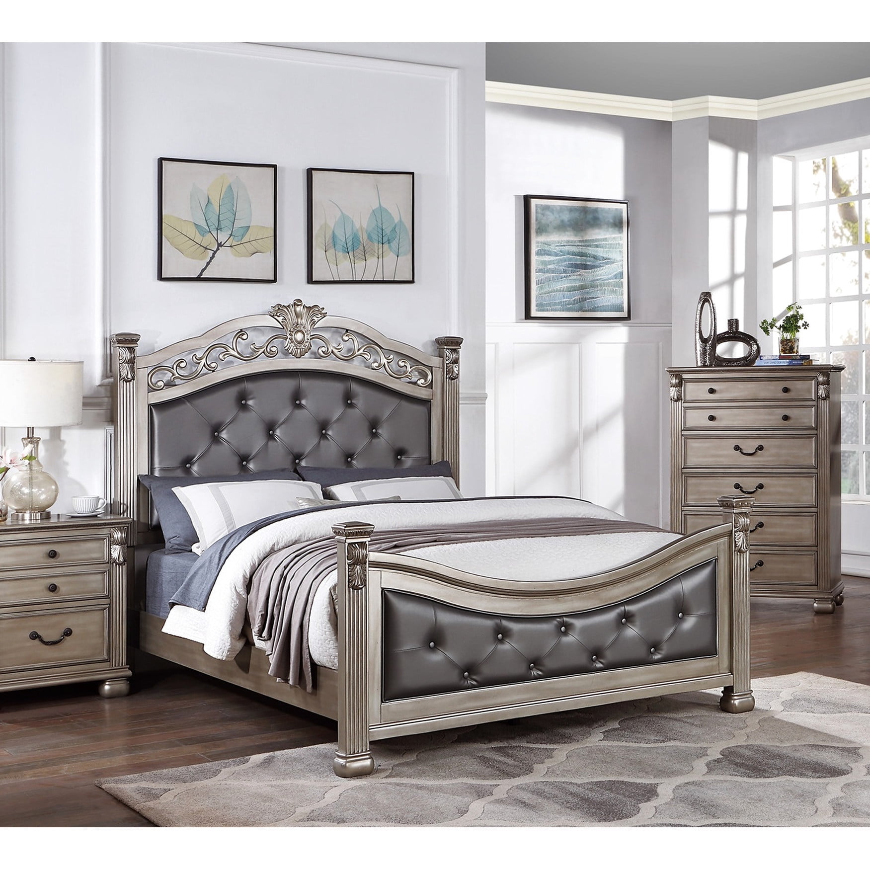 Formal Traditional King Bed With Faux Leather Upholstery And Molded Details In Antique Silver ...