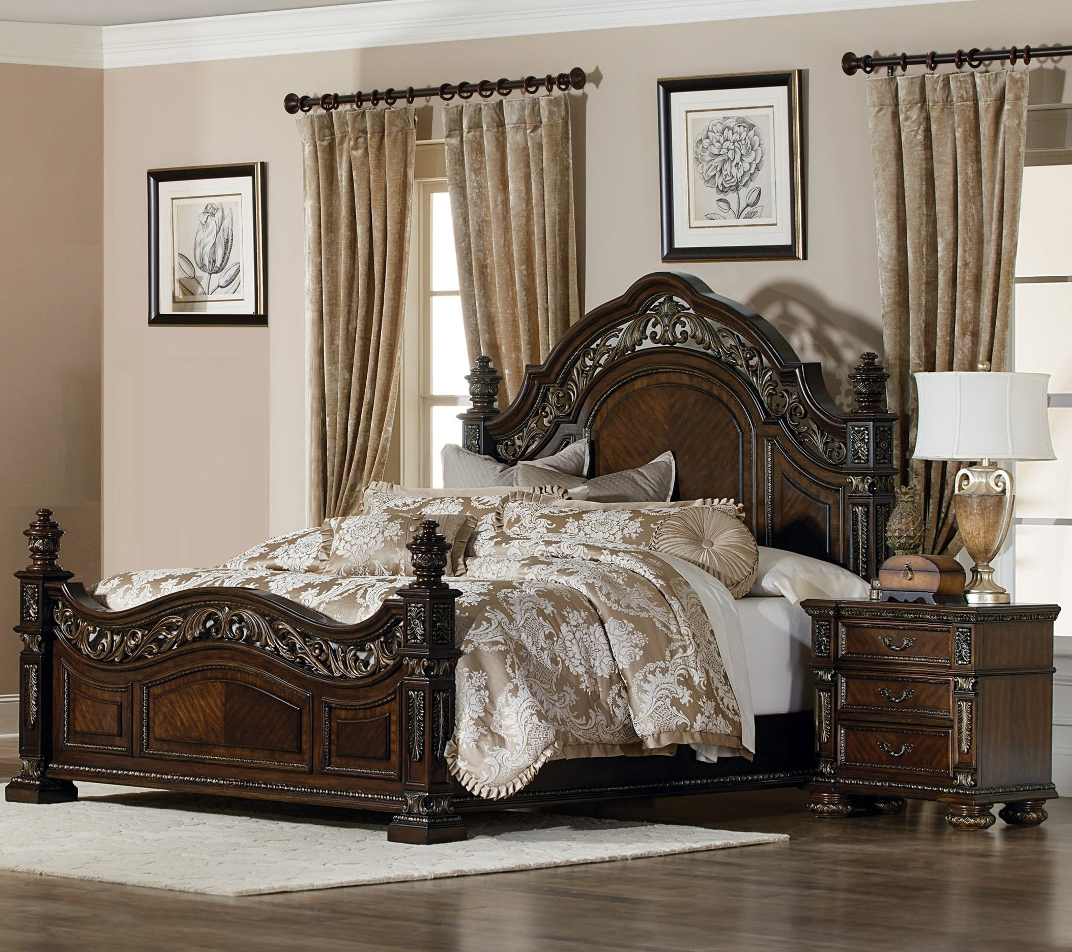 Formal Traditional Queen Bed and 2x Nightstands Dark Cherry Finish with ...
