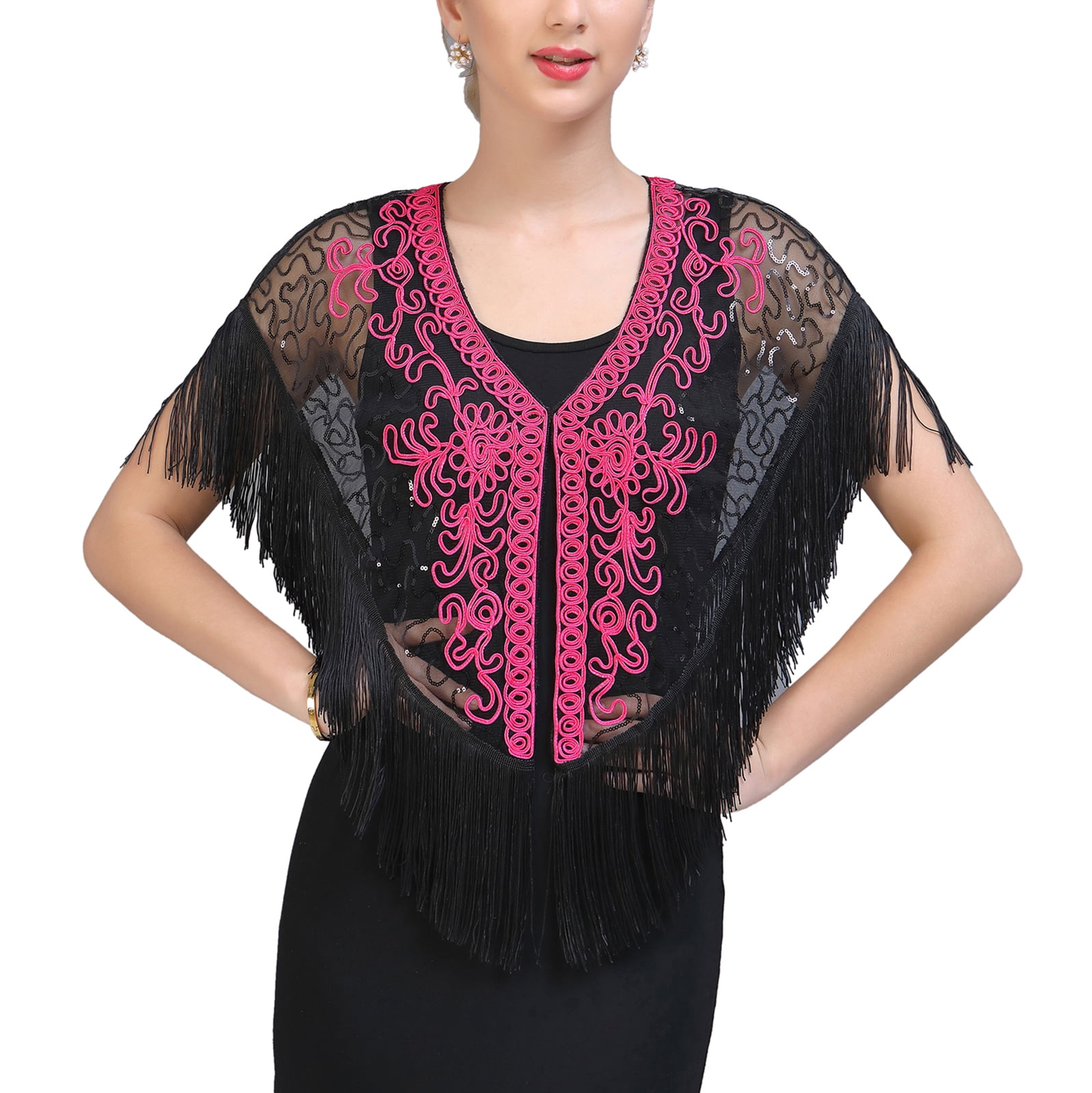 Formal Tulle Sequin Fringe Applique Capelet Wrap Shawl Shrug for ...
