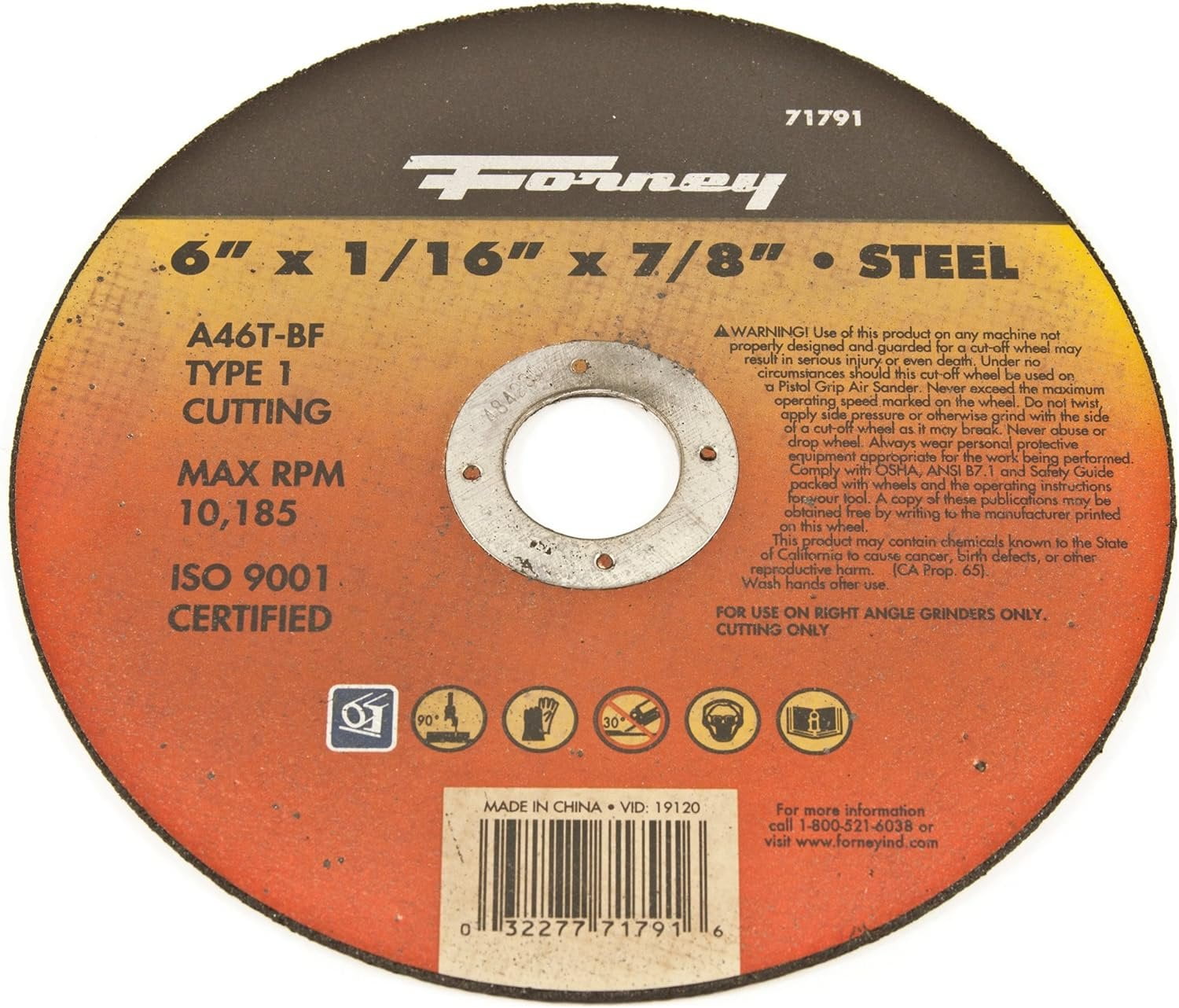 Forney 71791 Cut-Off Wheel with 7/8-Inch Arbor, Metal Type 1, A46T-BF ...