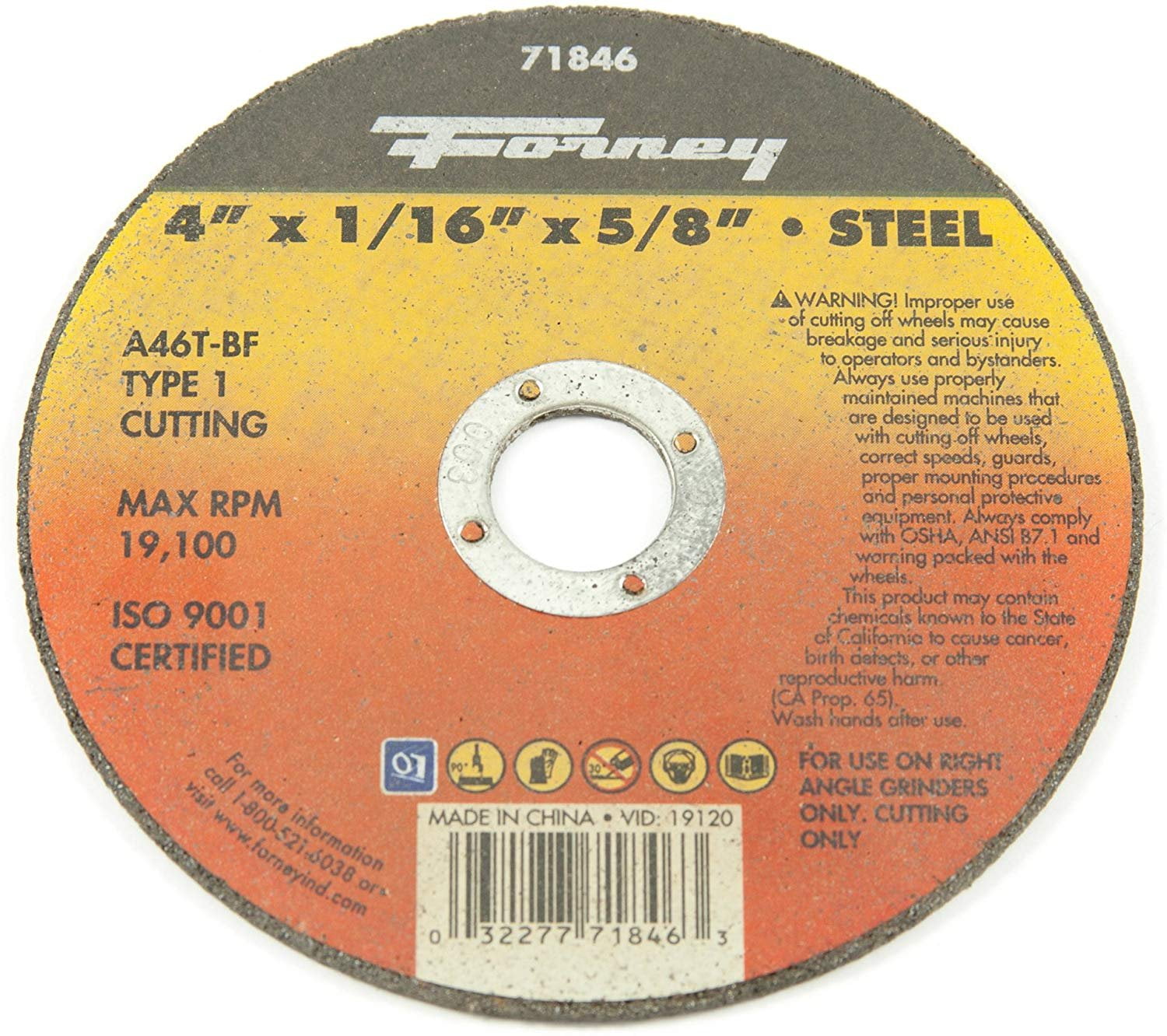 Forney Cut-Off Wheel A46T-BF Type 1 - 5/8 In. Arbor, 4x1/16 In. - Pack ...