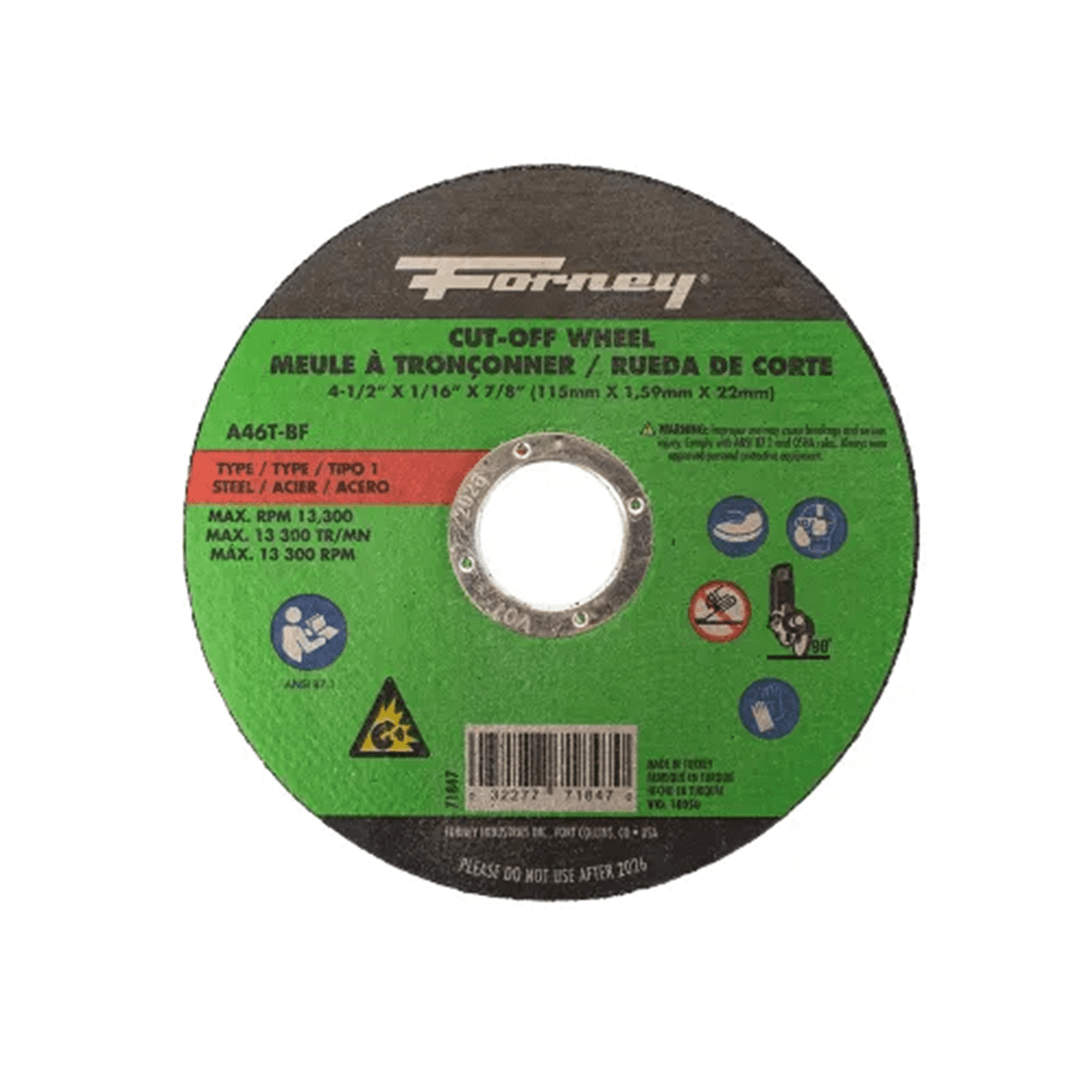 Forney Industries Cut-Off Wheel, Metal, Type 1, 4-1/2 in x 1/16 in x 7/ ...