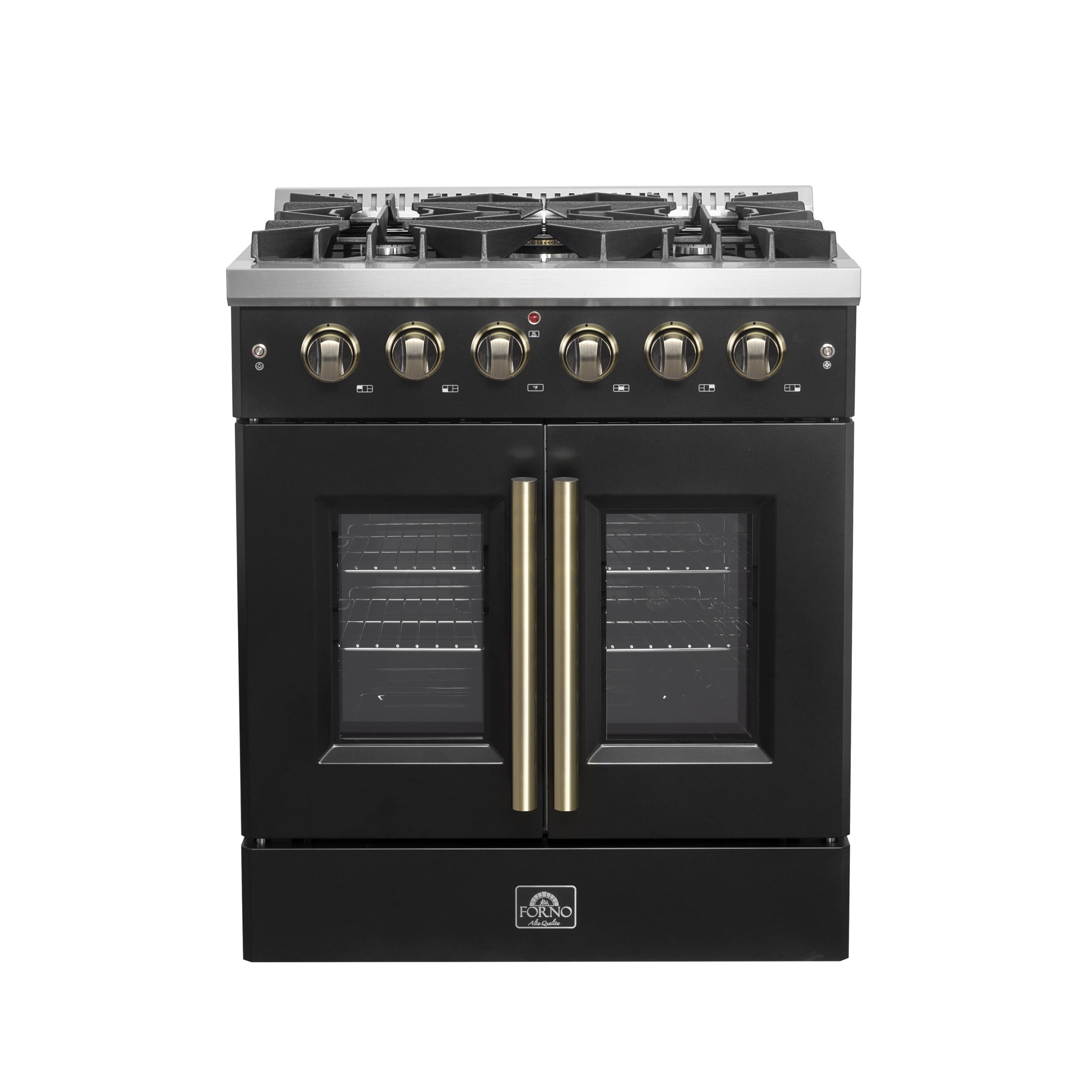 Forno Galiano 30-inch French Door Gas Range Black and Antique Brass ...