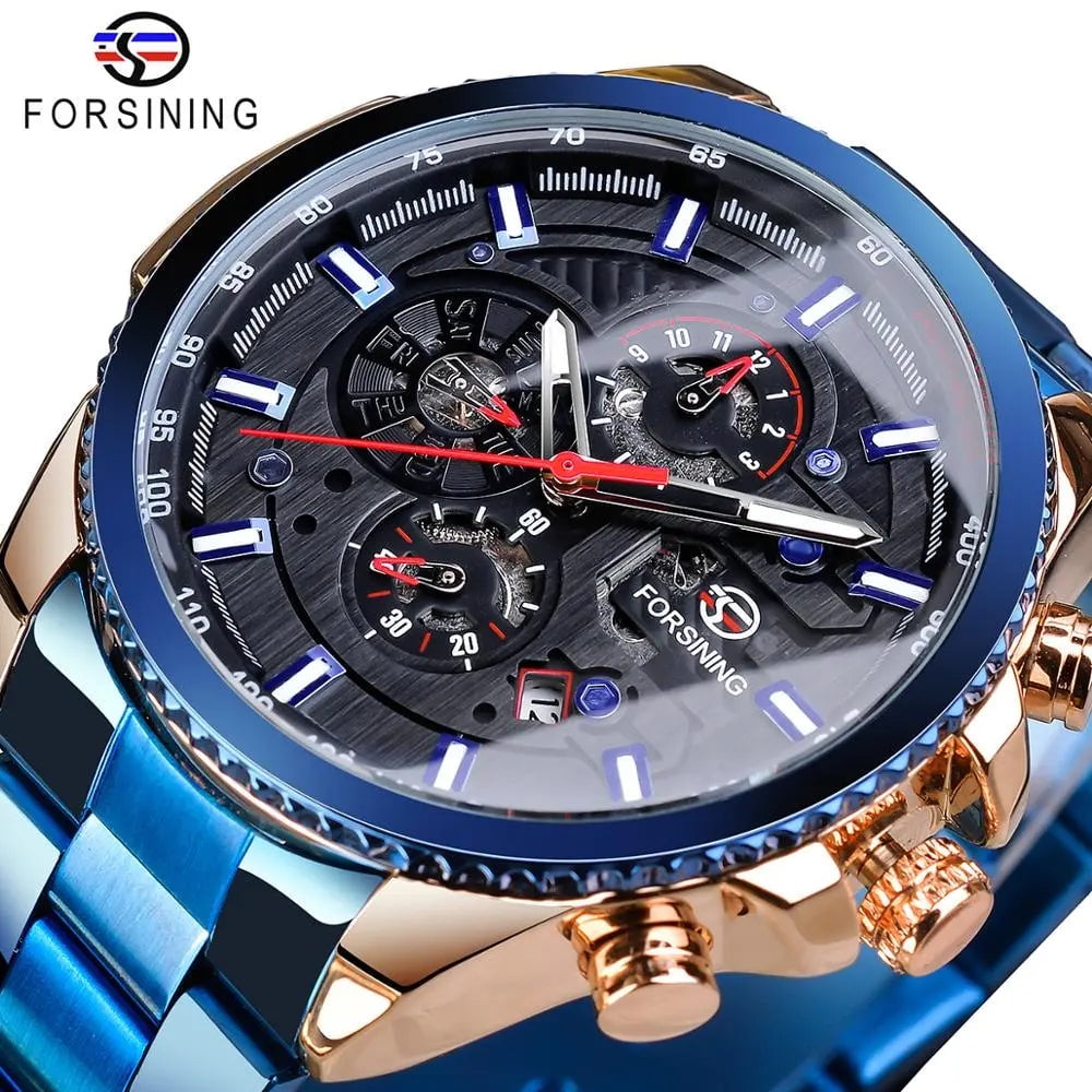 Forsining Three Dial Calendar Stainless Steel Men Mechanical Automatic ...
