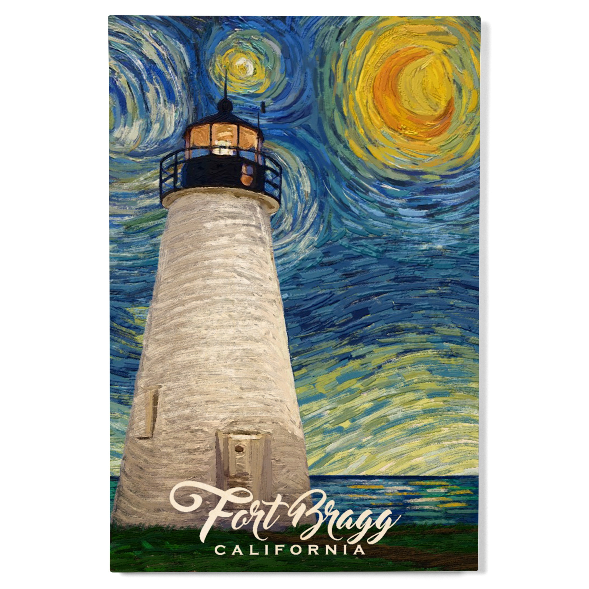 Fort Bragg, California, Lighthouse, Starry Night Birch Wood Wall Sign ...