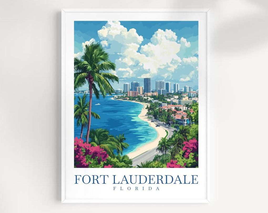 Fort Lauderdale Florida Wall Art Print – Illustrated Cityscape & Beach ...