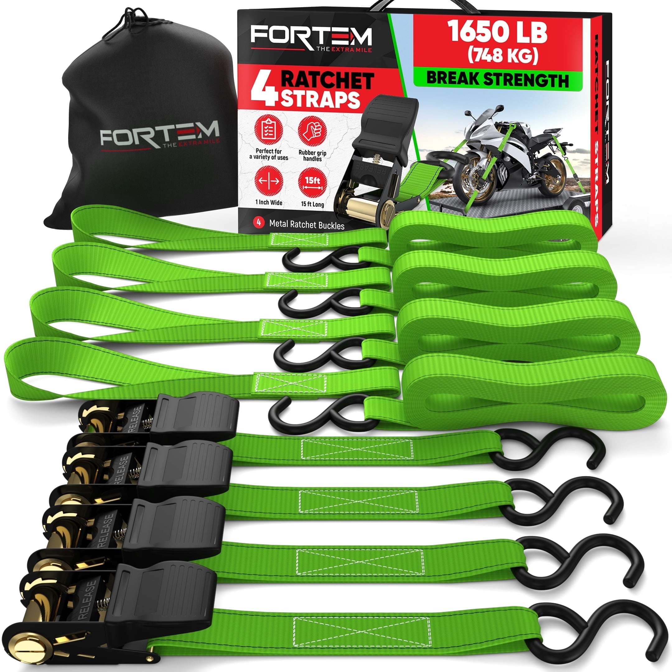 FORTEM Ratchet Straps, 1650lb Break Strength, 4 Pack 15ft x 1in Tie ...