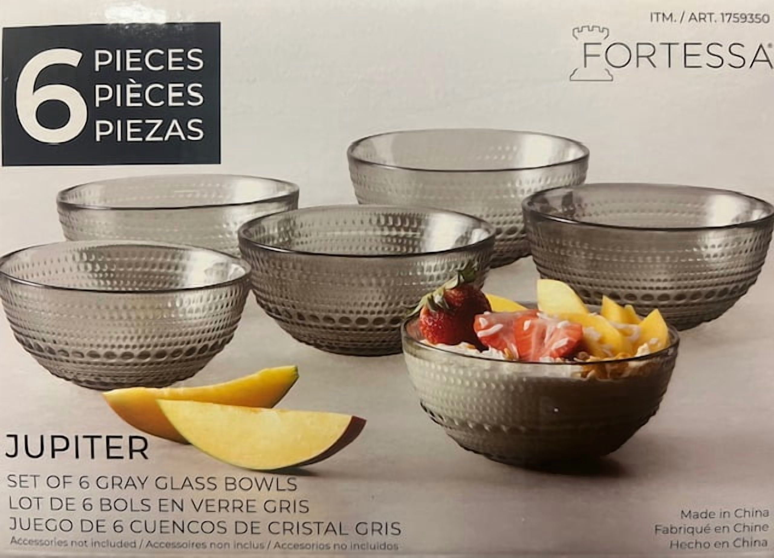 Fortessa Jupiter Gray Glass Bowls Set of 6 - Cereal, Soup, Salad ...
