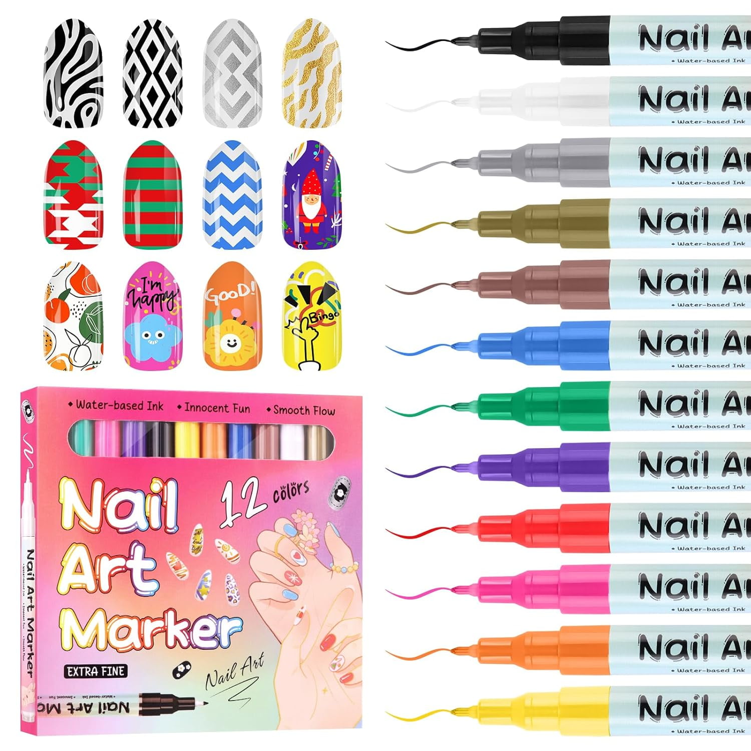 Fortjoy 12 Color 0.5MM Nail Art Pens Set, 3D Nail Pens Nail Point ...